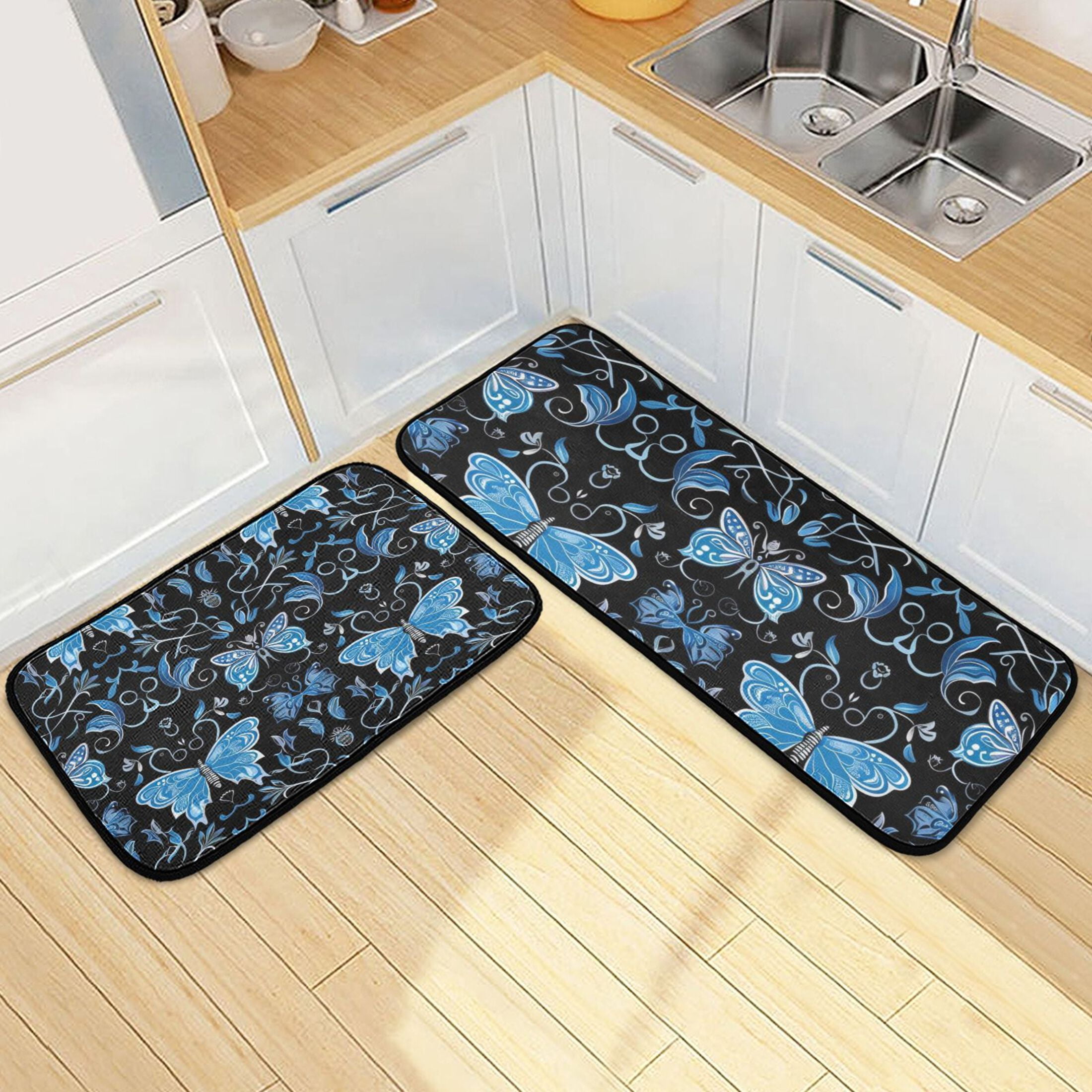 Blue with Butterfly Kitchen Rugs Set of 2 Non Slip Floor Foam Mat ...