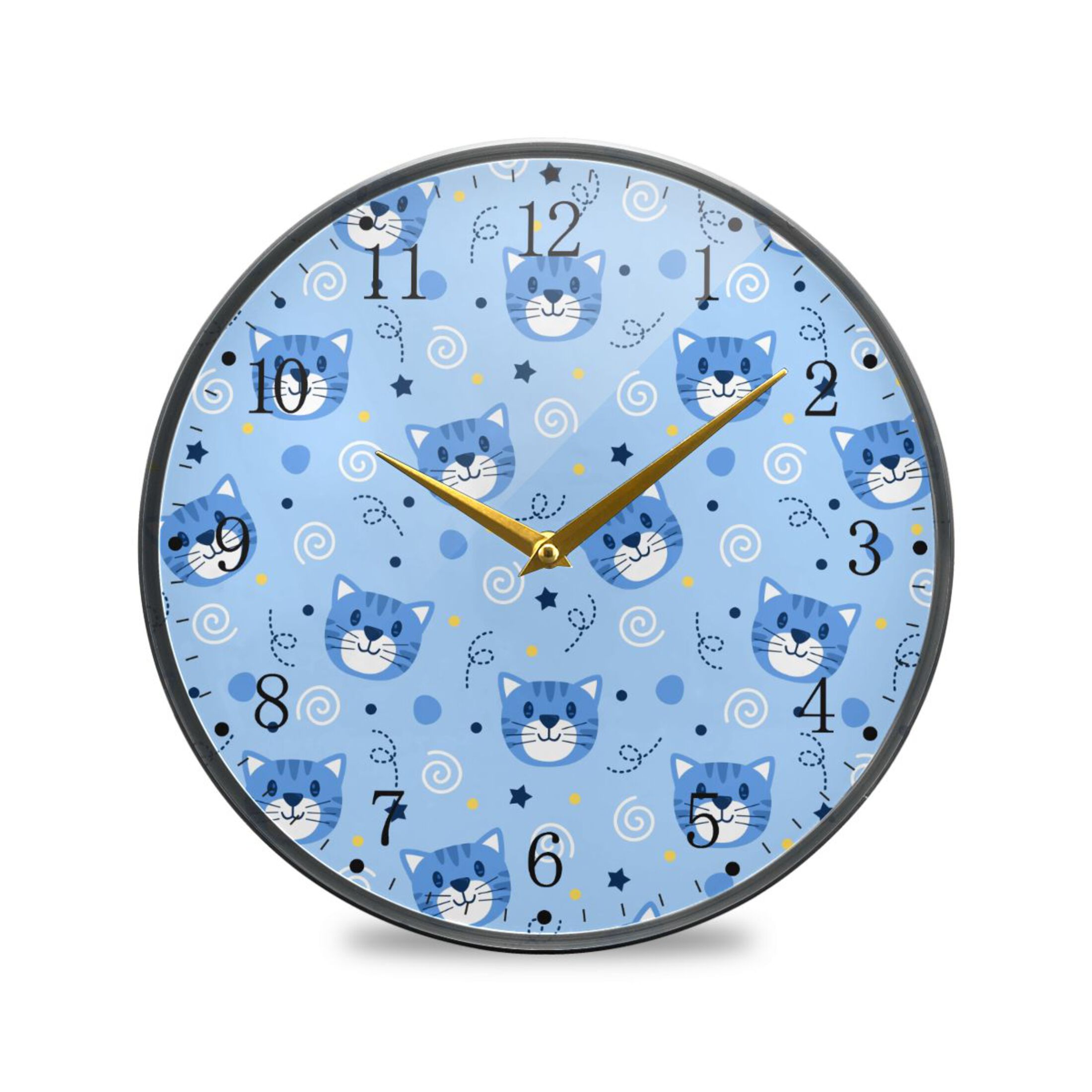 Blue with Cats Acrylic Wall Clocks Quiet Round Clock Battery Operated ...