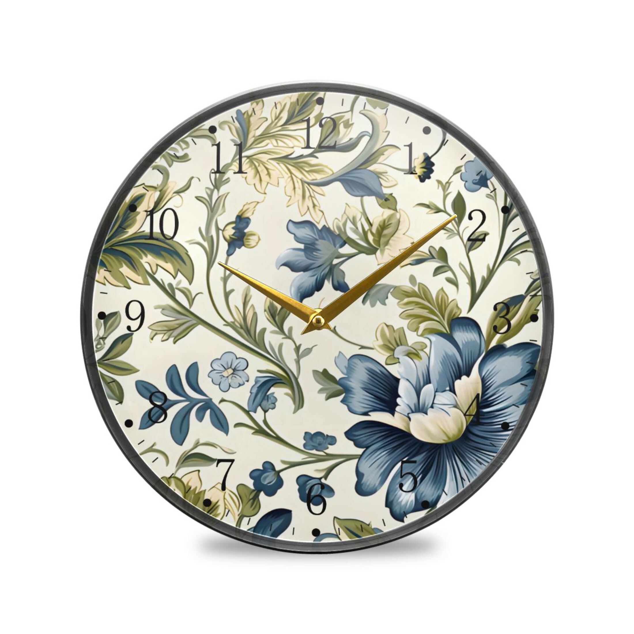 Blue with Flowers Acrylic Wall Clocks Quiet Round Clock Battery ...