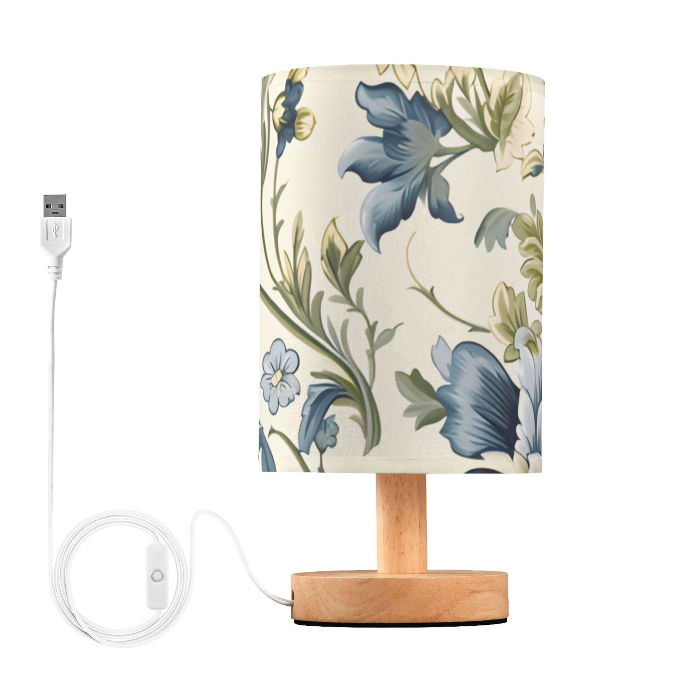 Blue with Flowers Bedside Table Lamp LED Warm Lights with USB Charging ...