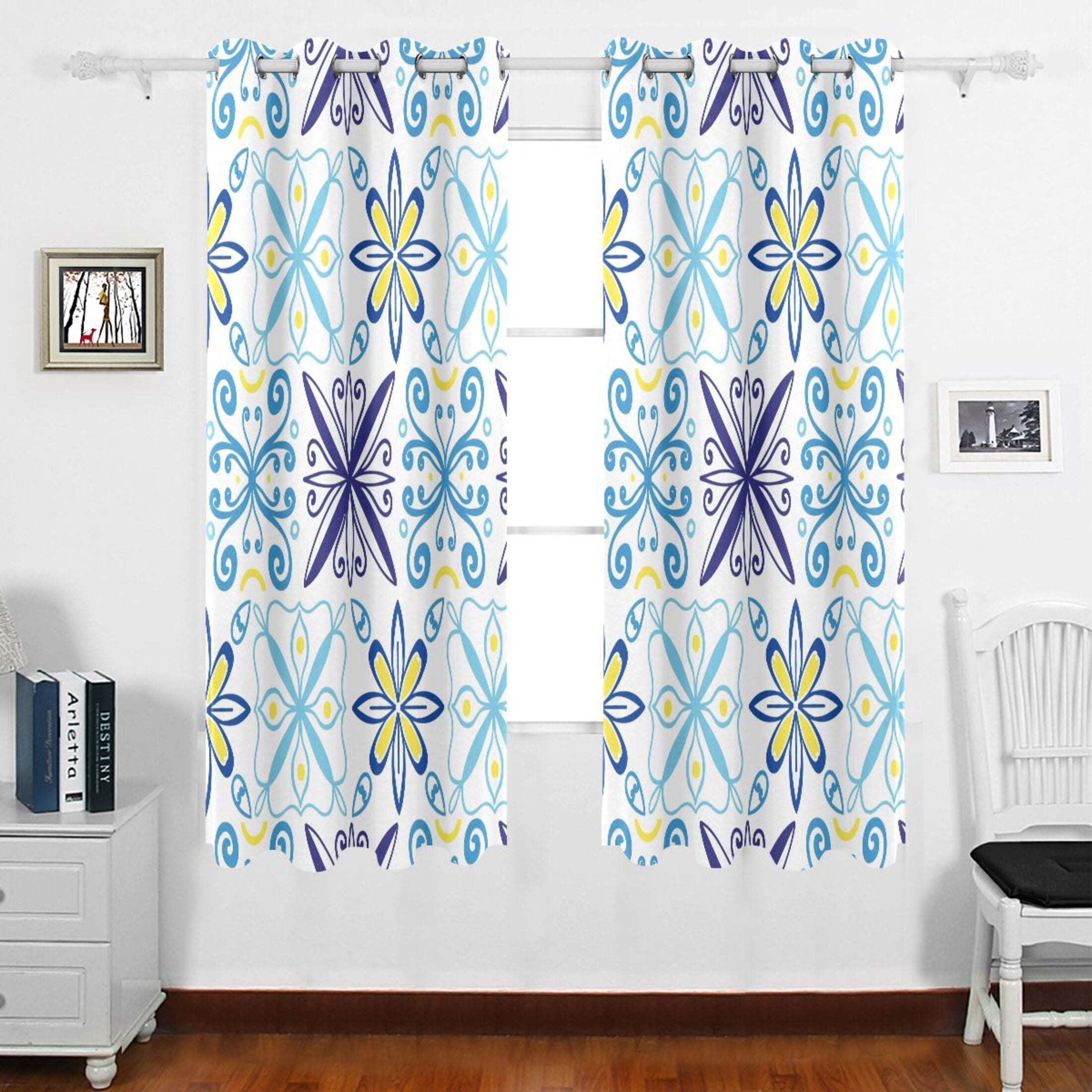 Blue with Flowers Grommet Blackout Curtains Thermal Insulated Window ...