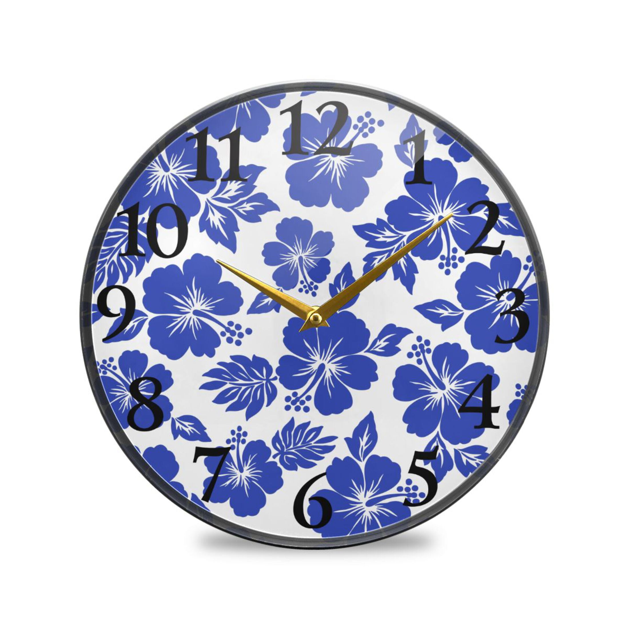 Blue with Hibiscus Acrylic Wall Clocks Quiet Round Clock Battery ...