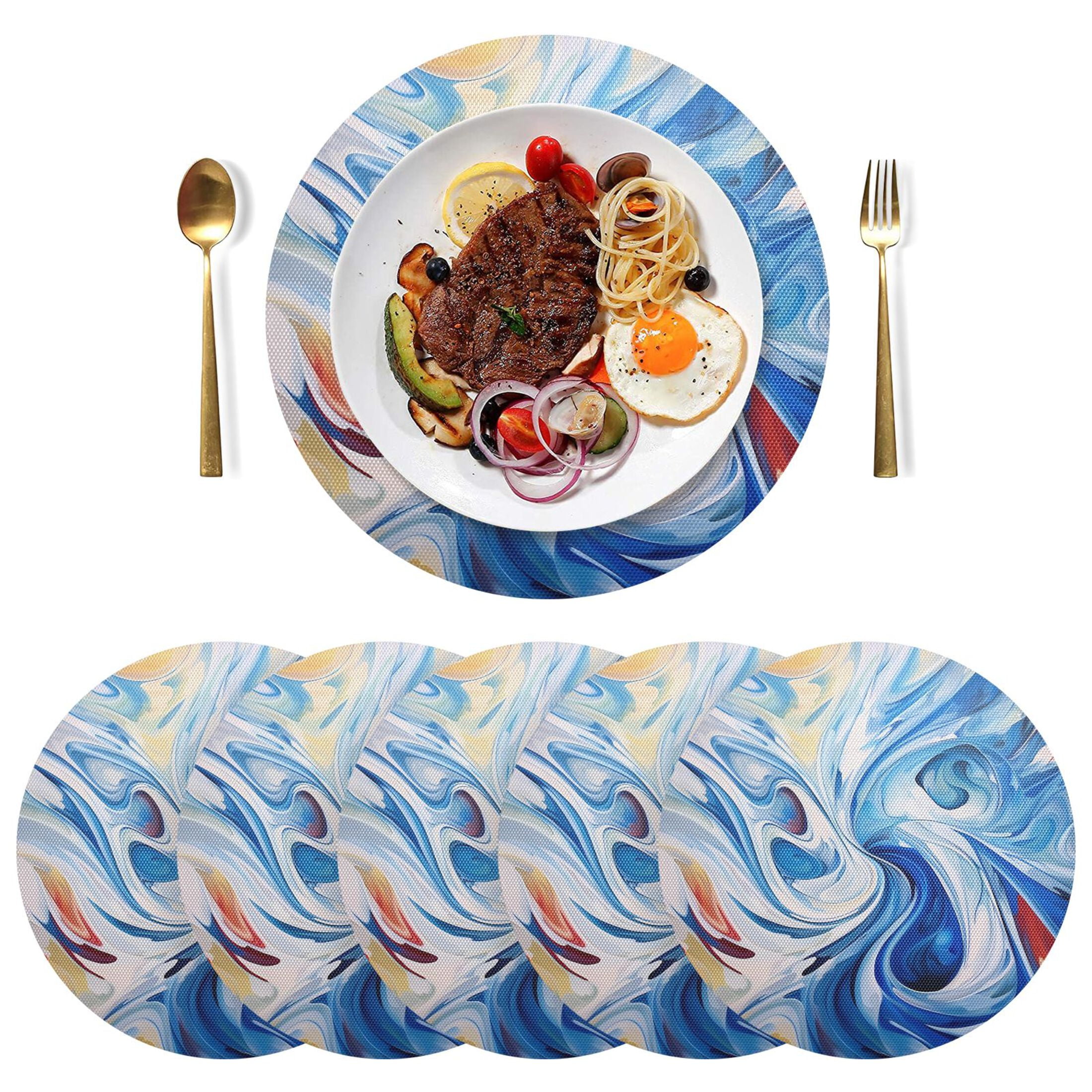 Blue with Liquid Round Plate Mats Non-Slip Place Mat Washable PVC Table ...