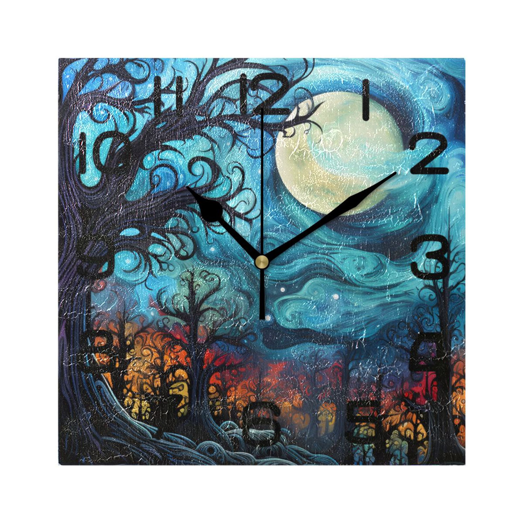 Blue with Tree Wall Clock Square Silent Non-Ticking Battery Operated ...
