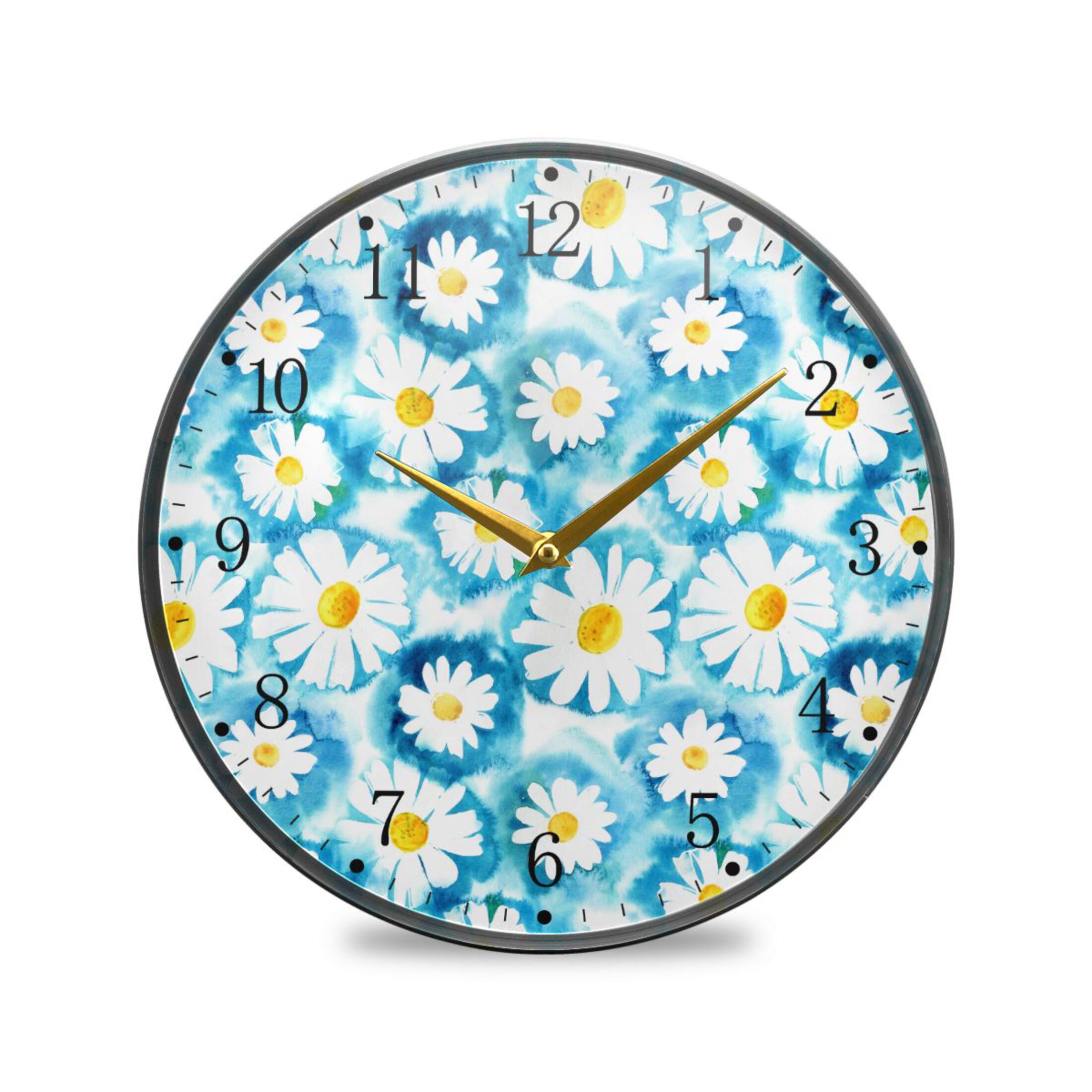 Blue with Watercolor Daisies Acrylic Wall Clocks Quiet Round Clock ...