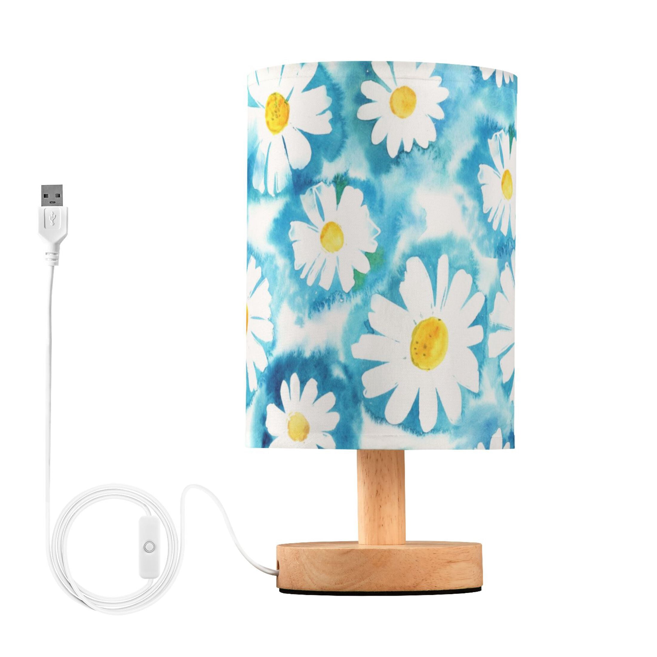 Blue with Watercolor Daisies Bedside Table Lamp LED Warm Lights with ...