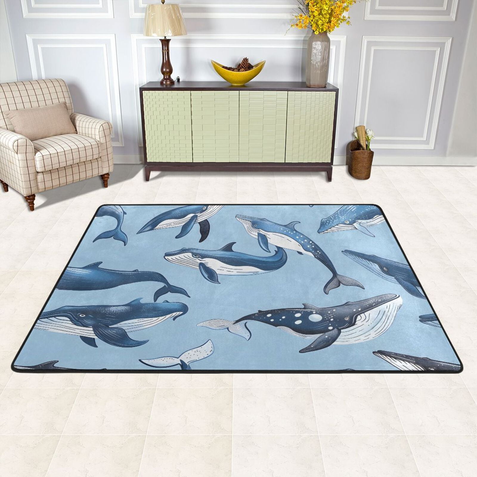 Blue with Whales Area Rug Washable 72 x 48 Floor Carpet Mat Non Slip ...