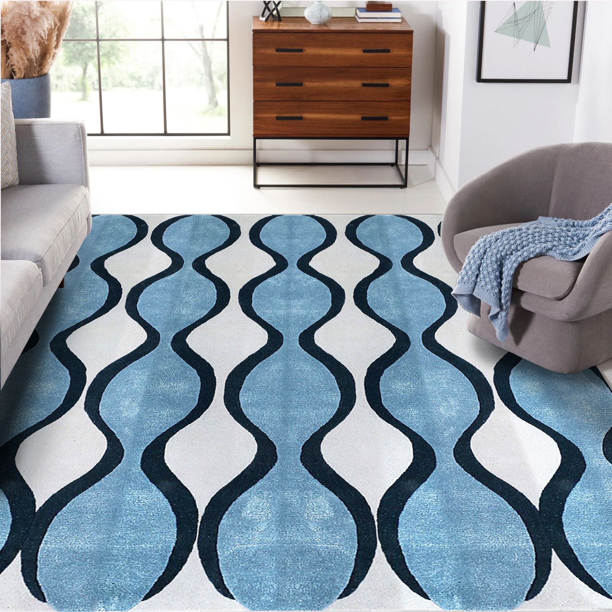 Blue wool rug 10x10, Wave tufted rugs, Living room, Bedroom, Hallway ...