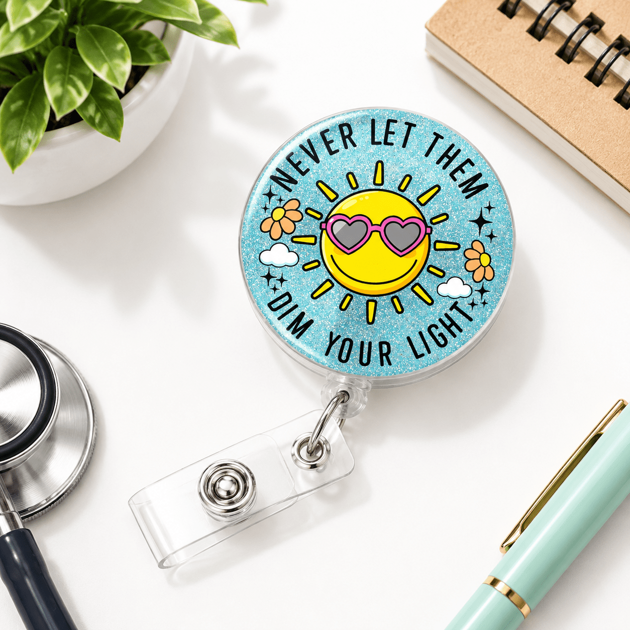 Blue-yellow Glitter Retractable Badge Reel ID Holder with Clip ...