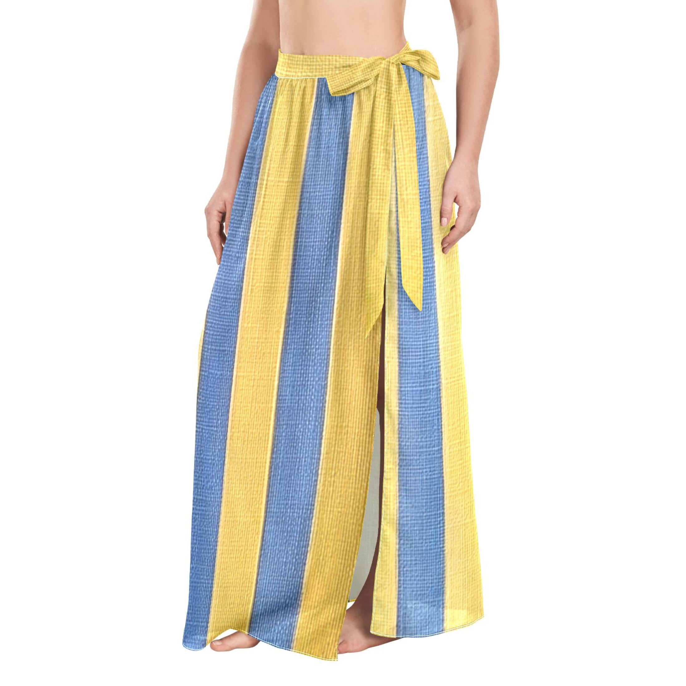 Blue-yellow Vertical Stripes Women's Swimwear Cover Ups Strappy Beach ...