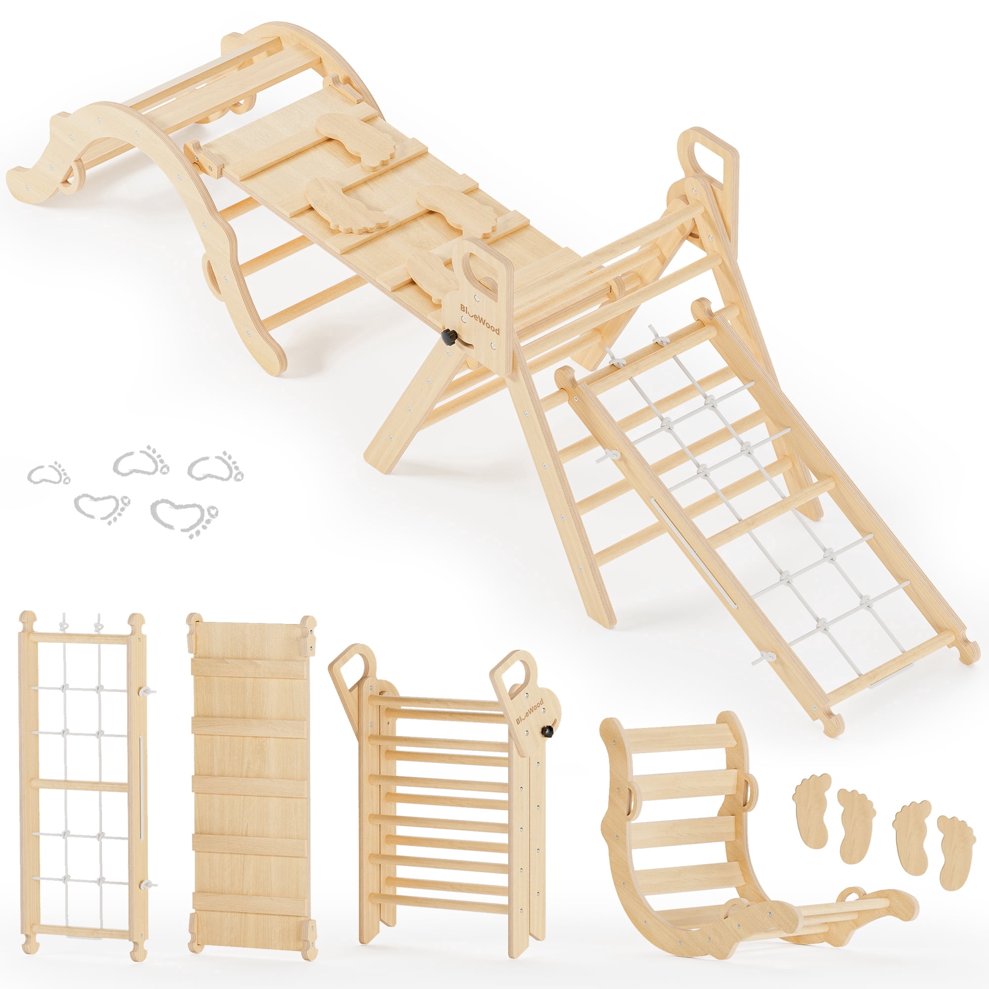 BlueWood 10-in-1 Foldable Wooden Pikler Triangle Climbing Set for Kids ...
