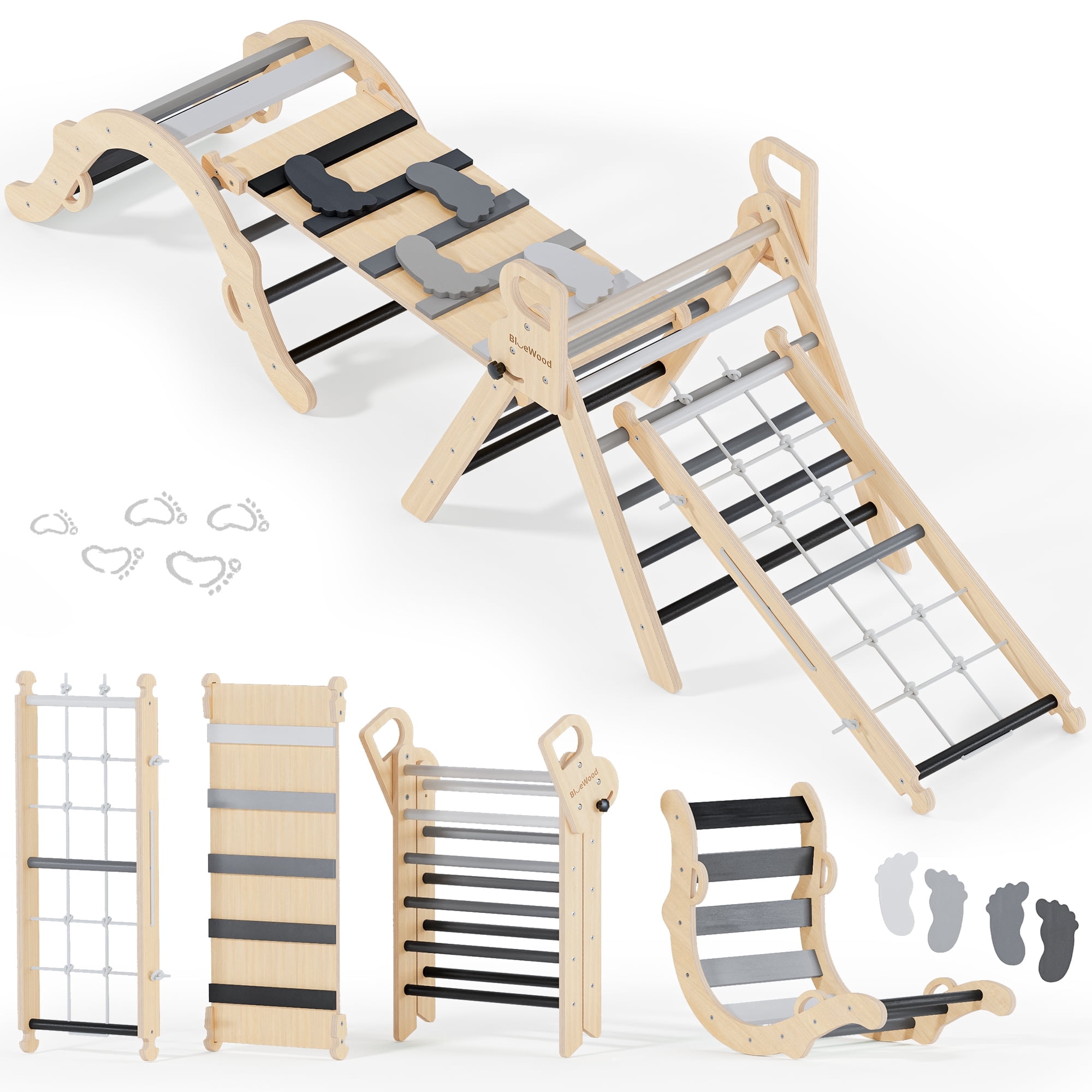 BlueWood 10-in-1 Foldable Wooden Pikler Triangle Climbing Set for Kids ...