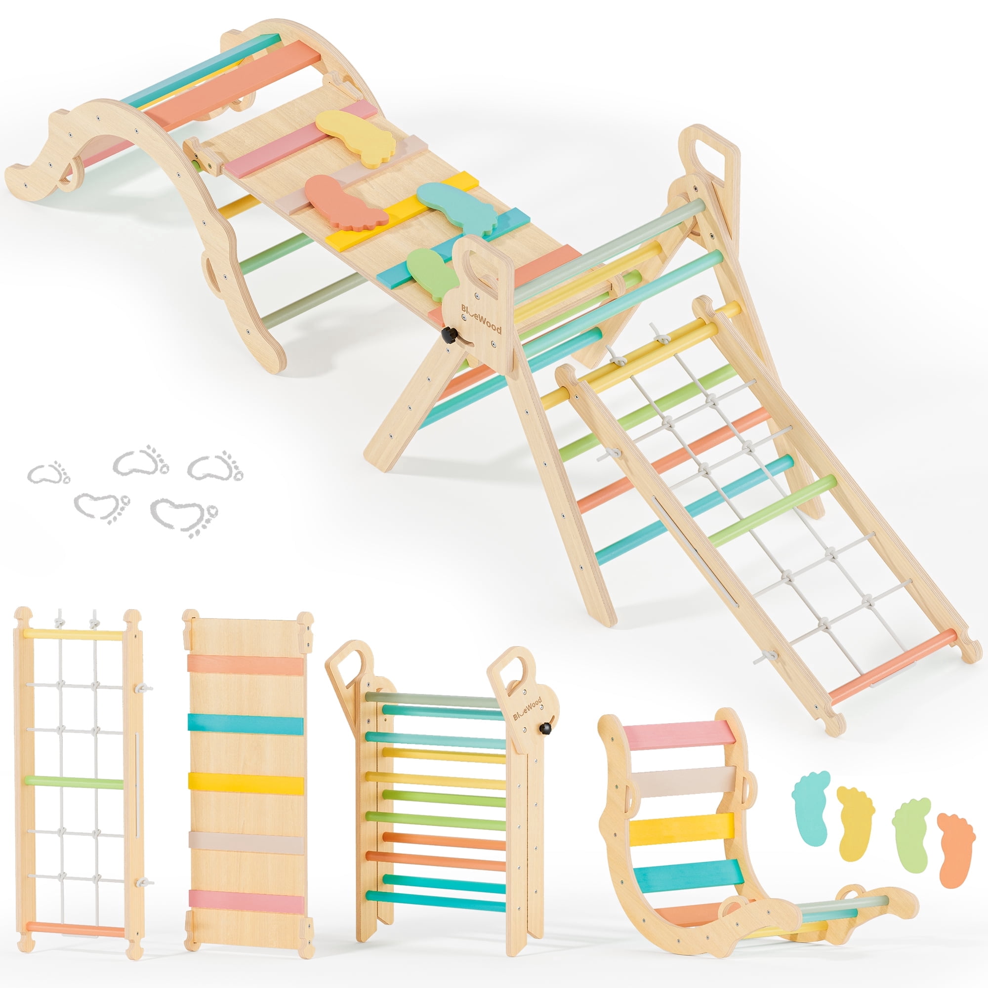 BlueWood 10-in-1 Foldable Wooden Pikler Triangle Climbing Set for Kids ...