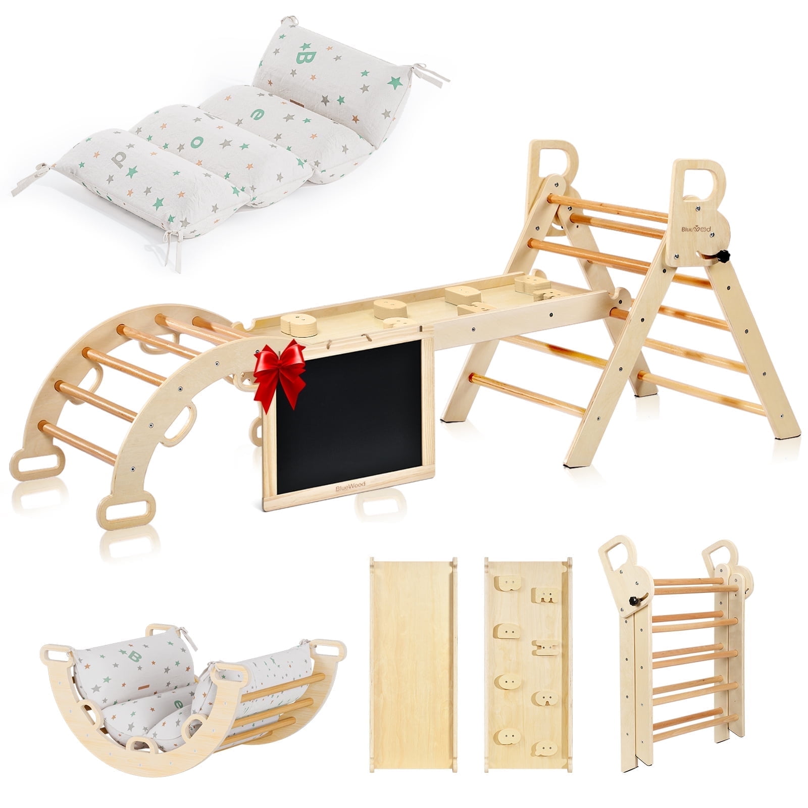 BlueWood 7-in-1 Foldable Pikler Triangle Climbing Set with Cushion,for ...