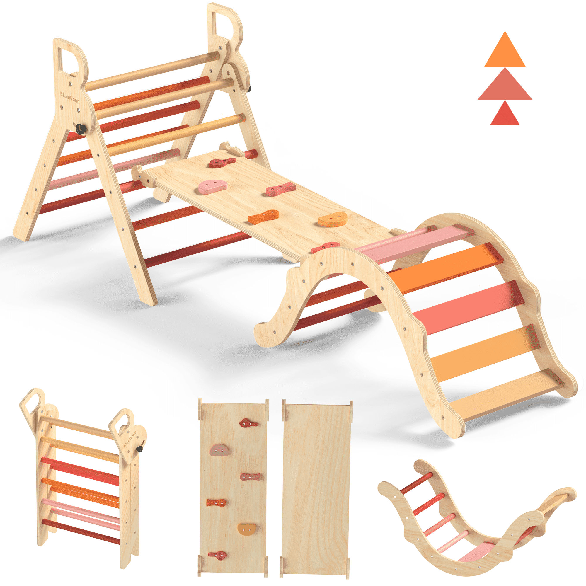 BlueWood Pikler Triangle Set Foldable Montessori 8-in-1 Wooden Indoor ...