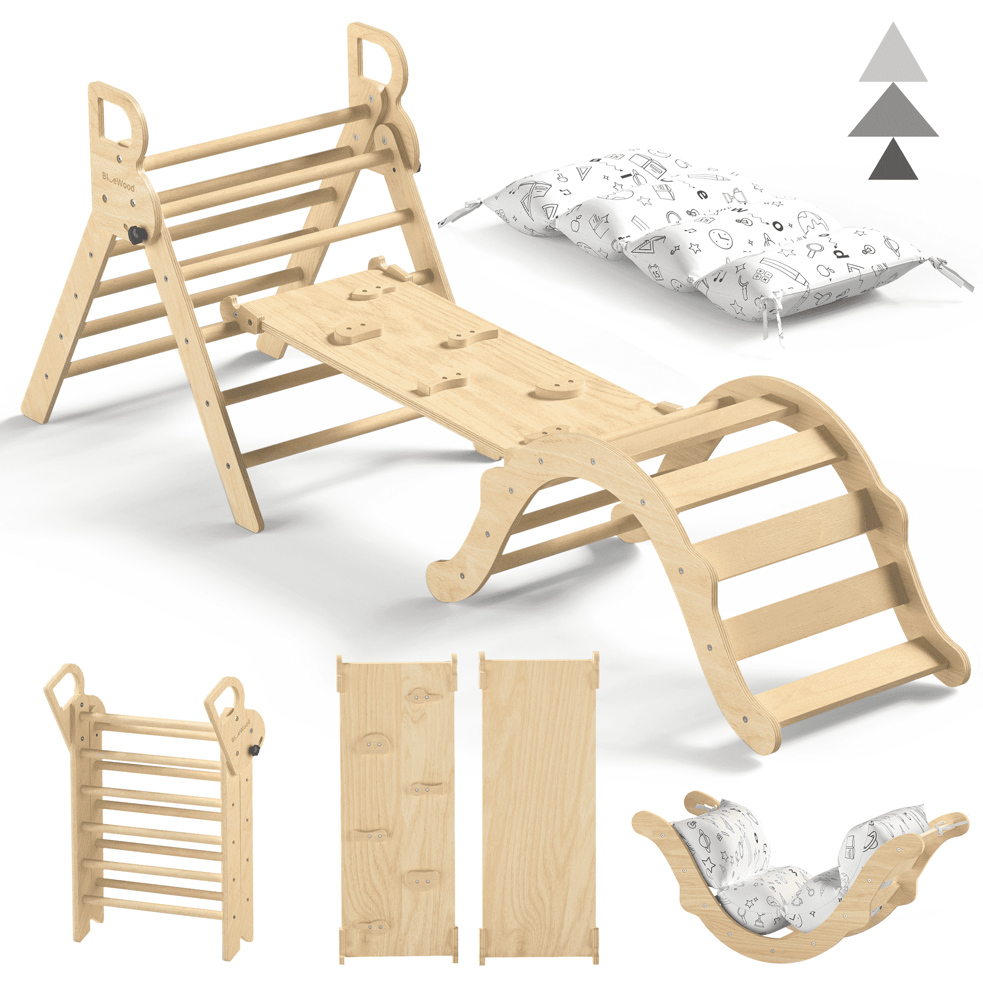 BlueWood 7-in-1 Foldable Wooden Pikler Triangle Indoor Jungle Gym ...