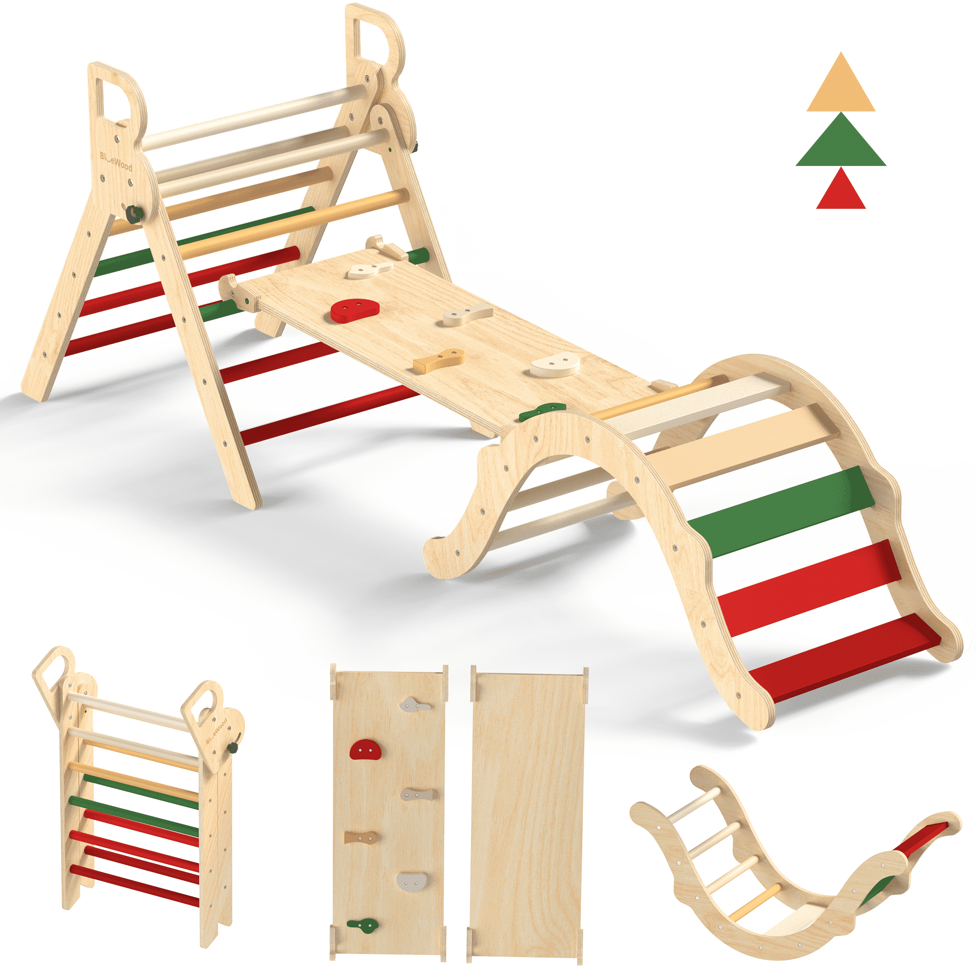 BlueWood Pikler Triangle Set 8-in-1 Foldable Wooden Indoor Jungle Gym ...