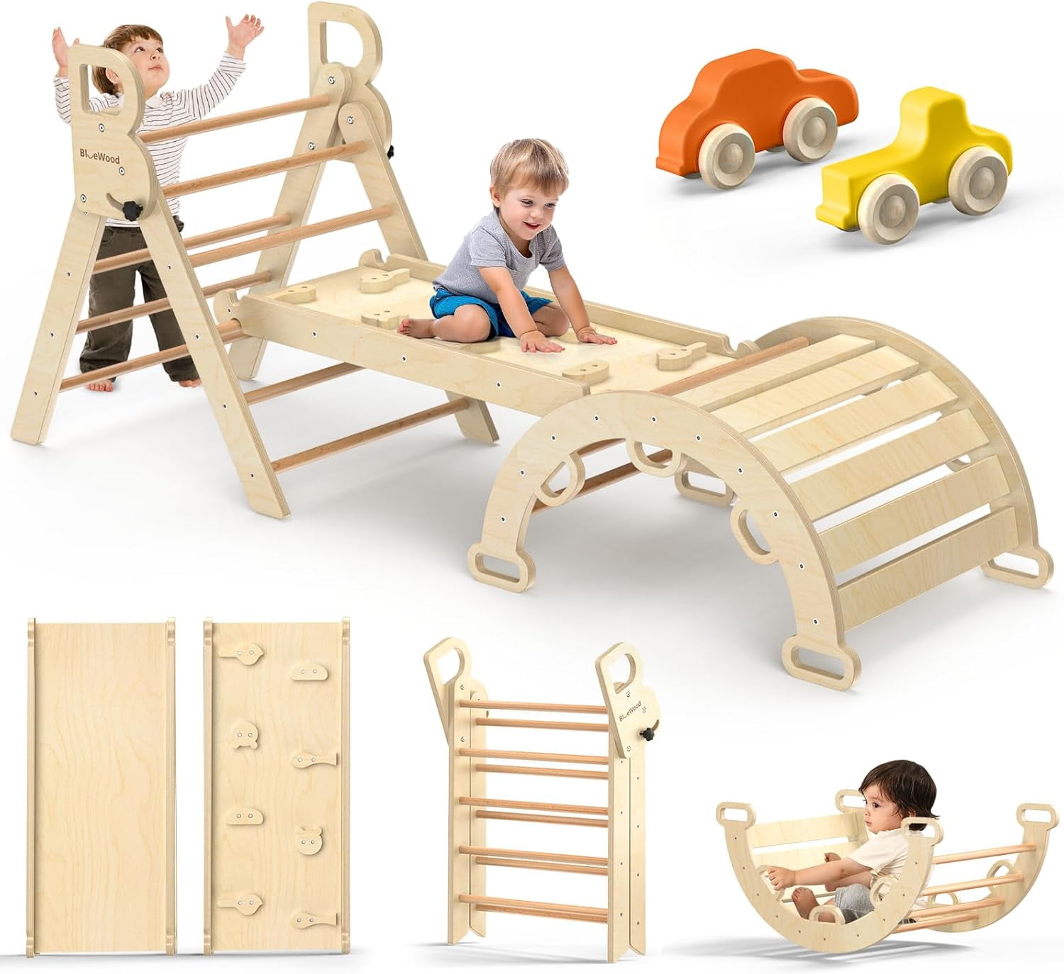 BlueWood Pikler Triangle Set 7-in-1 Foldable Baby Climbing Wooden Toys ...