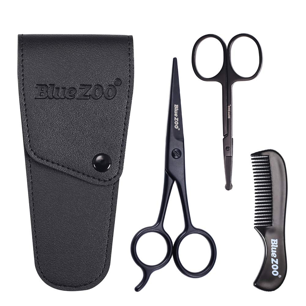 BlueZOO Beard Mustache Scissors and Comb Kit with PU Storage Bag ...