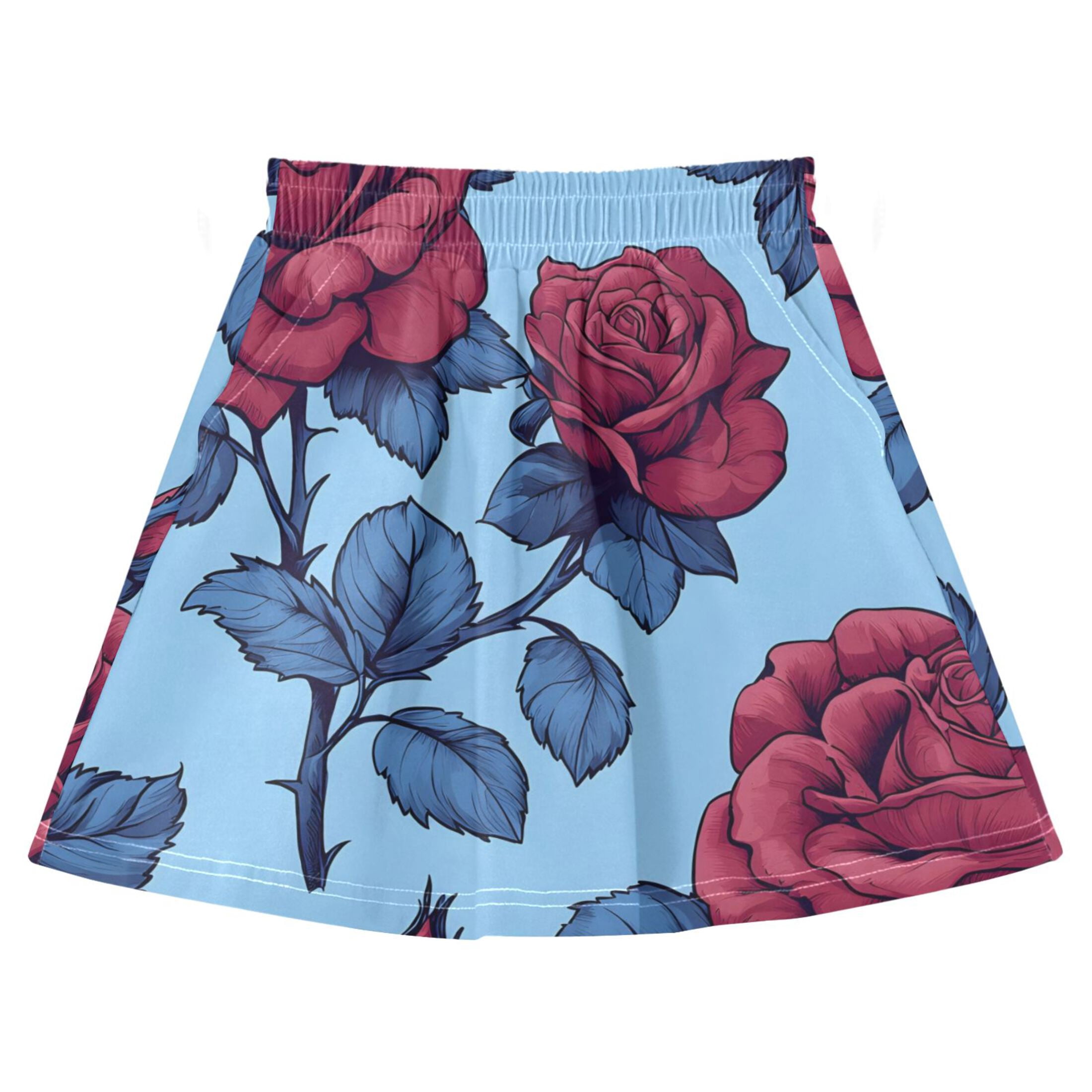 Bluebackground Roses Pattern Cotton Skirt Built-in Liner Elastic A-Line ...