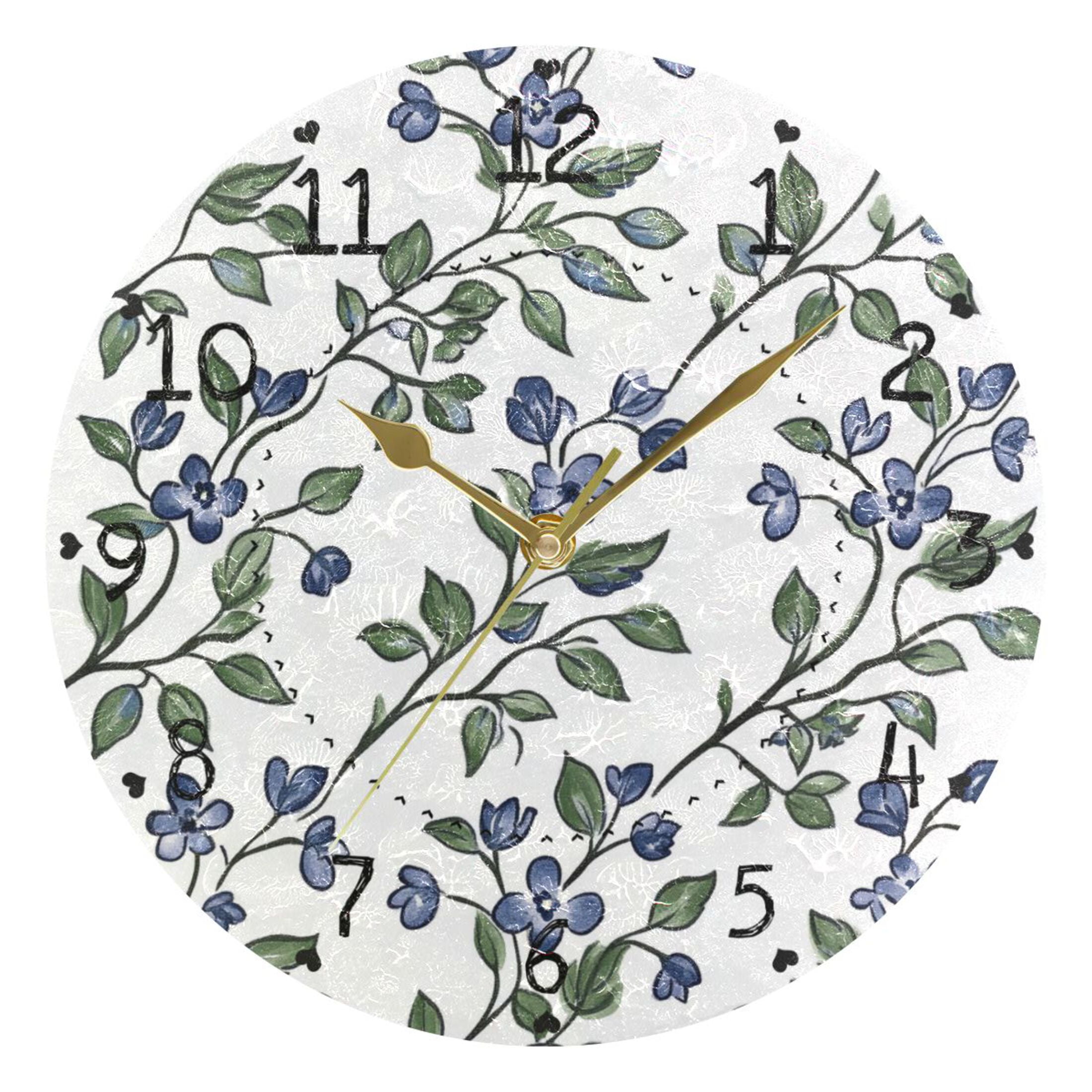 Bluebell Flowers Leaves Round Wall Clock Silent Analog Battery Operated ...