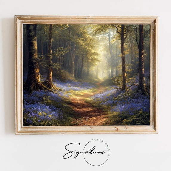 Bluebell Forest Pathway, Earthy Woodland Scene, Sunlit Trees, Tranquil ...