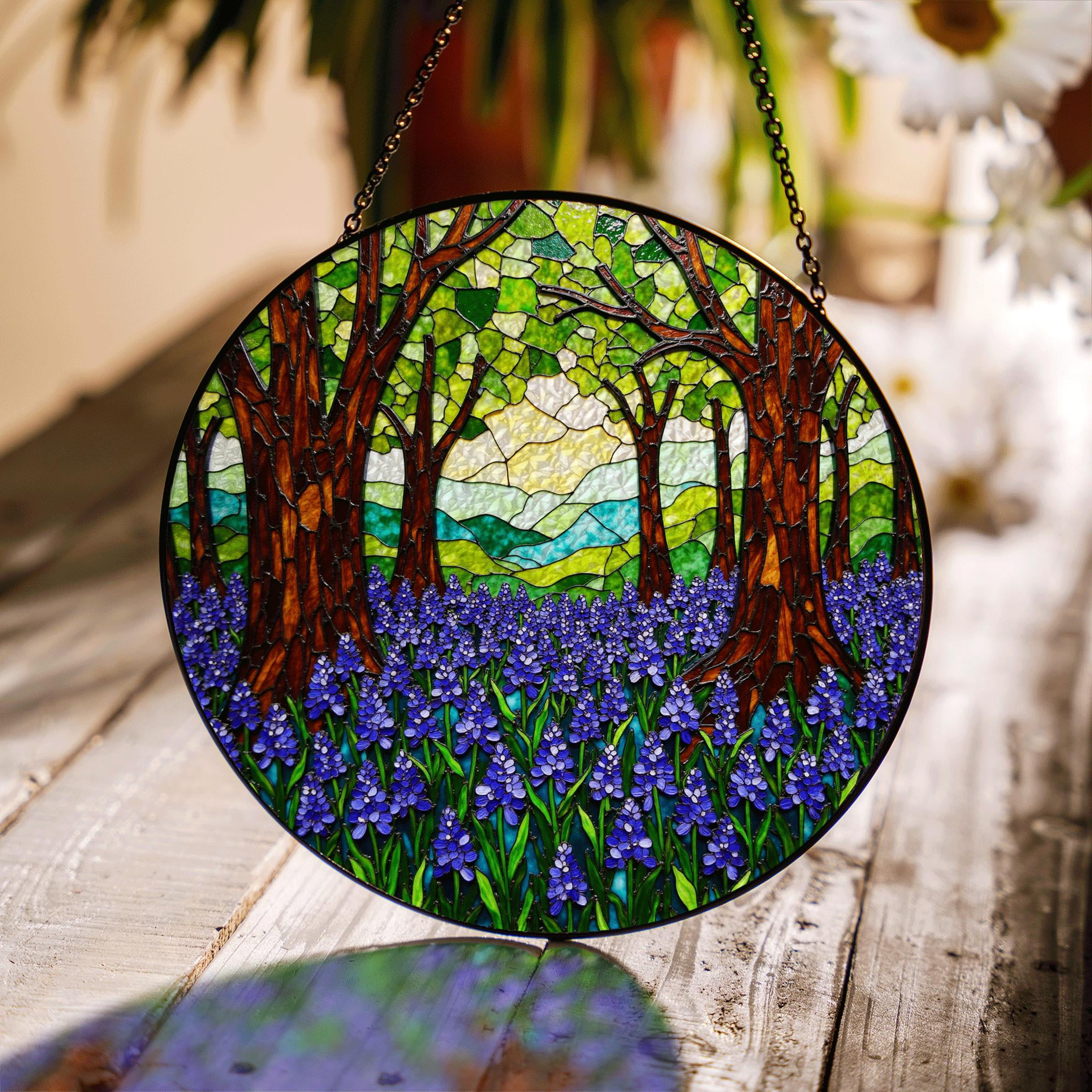 Bluebell Forest View Round Stained Glass Style Suncatcher, Nature ...