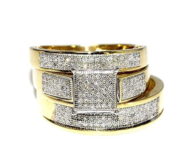 Bluebell Jewels 14K Gold Finish Trio Wedding Ring Set for Him & Her CZ ...