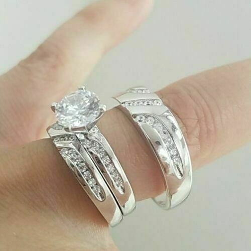 Bluebell Jewels 14K White Gold Finish 2.50CT Round CZ Trio Engagement ...