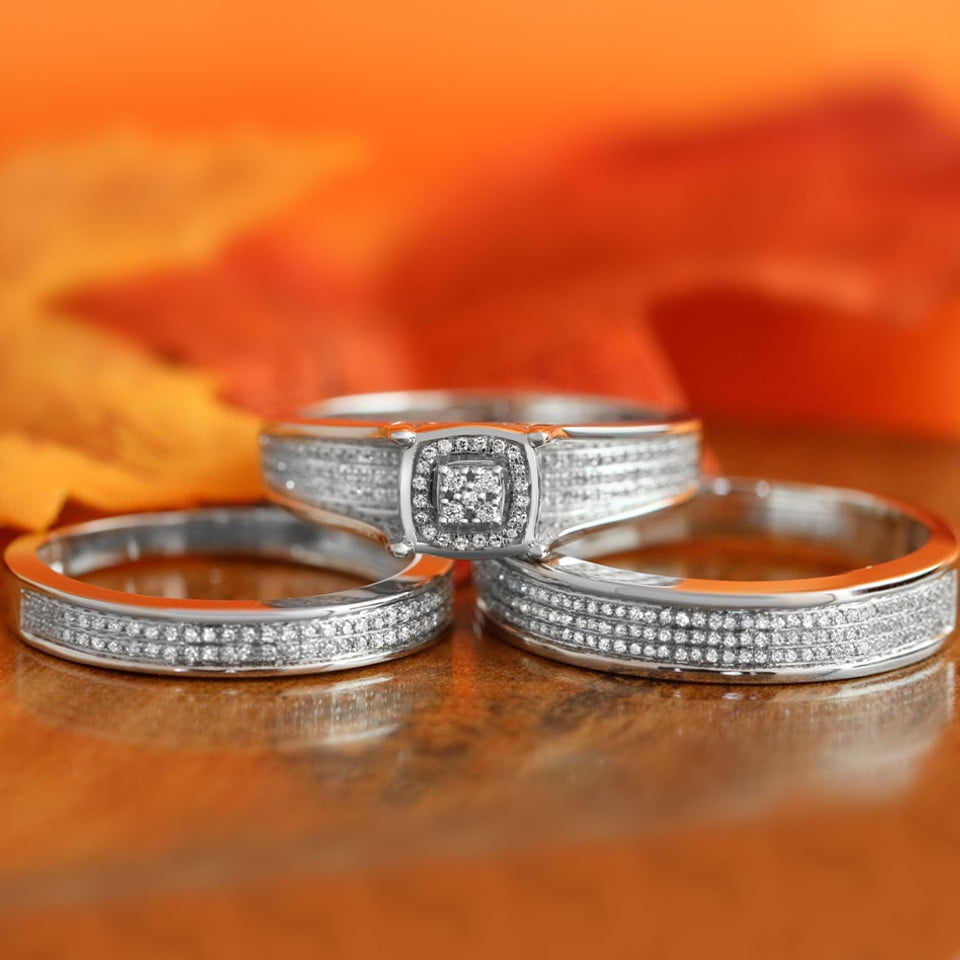 Bluebell Jewels 14K White Gold Finish Silver Bride & Groom Trio Ring ...