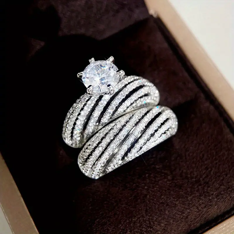 Bluebell Jewels Bold Stripe Design Bridal Ring Set Silver Plated Round ...