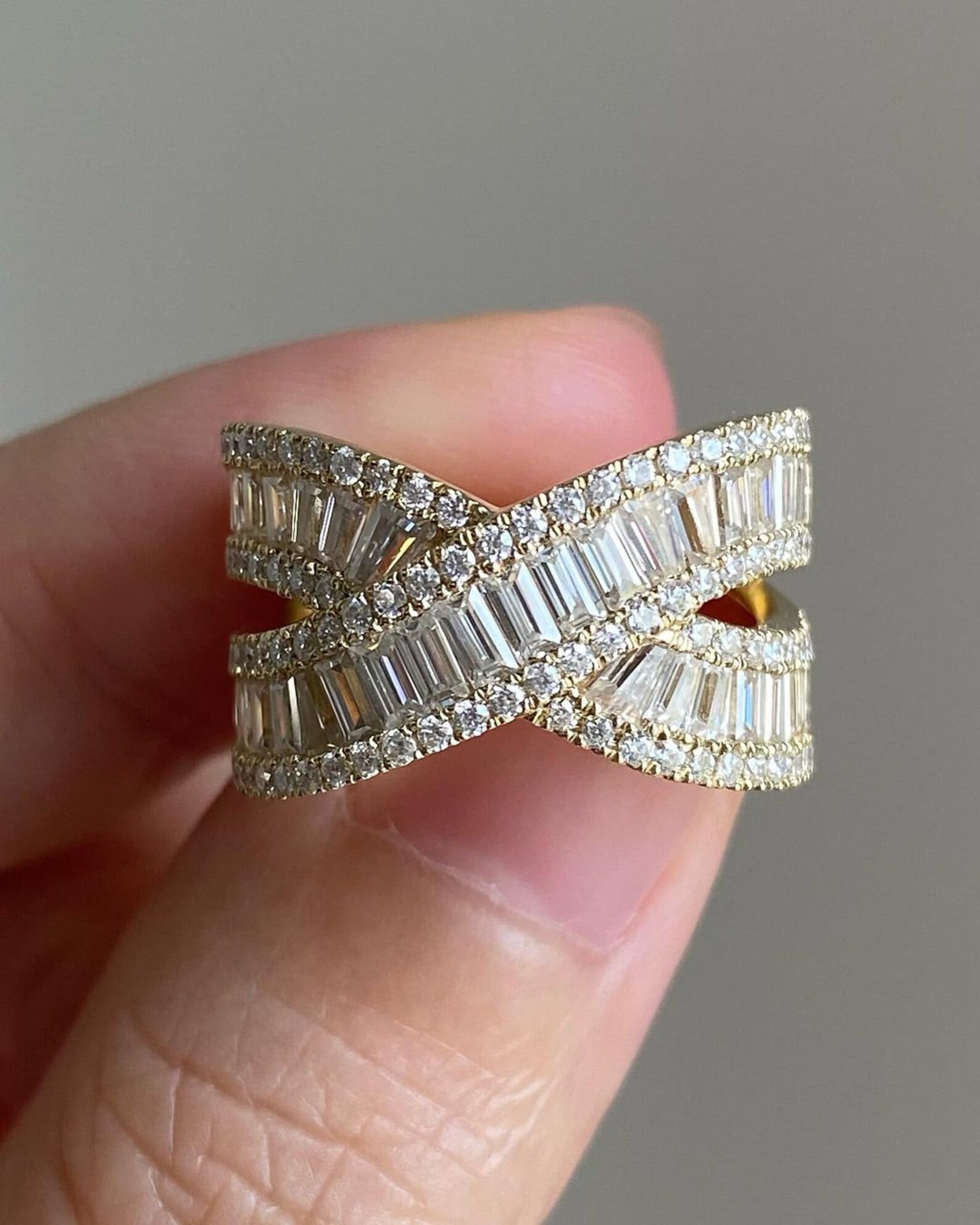 Bluebell Jewels Gold Plated Crossover Ring with Baguette & Round CZ ...