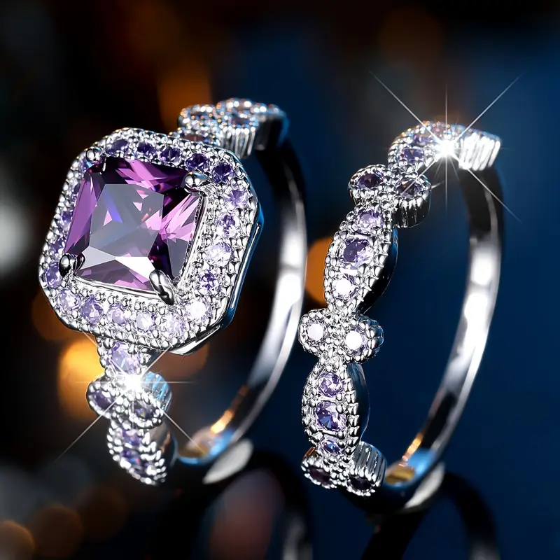 Bluebell Jewels Purple Princess Cut Bridal Ring Set – Sterling Silver ...