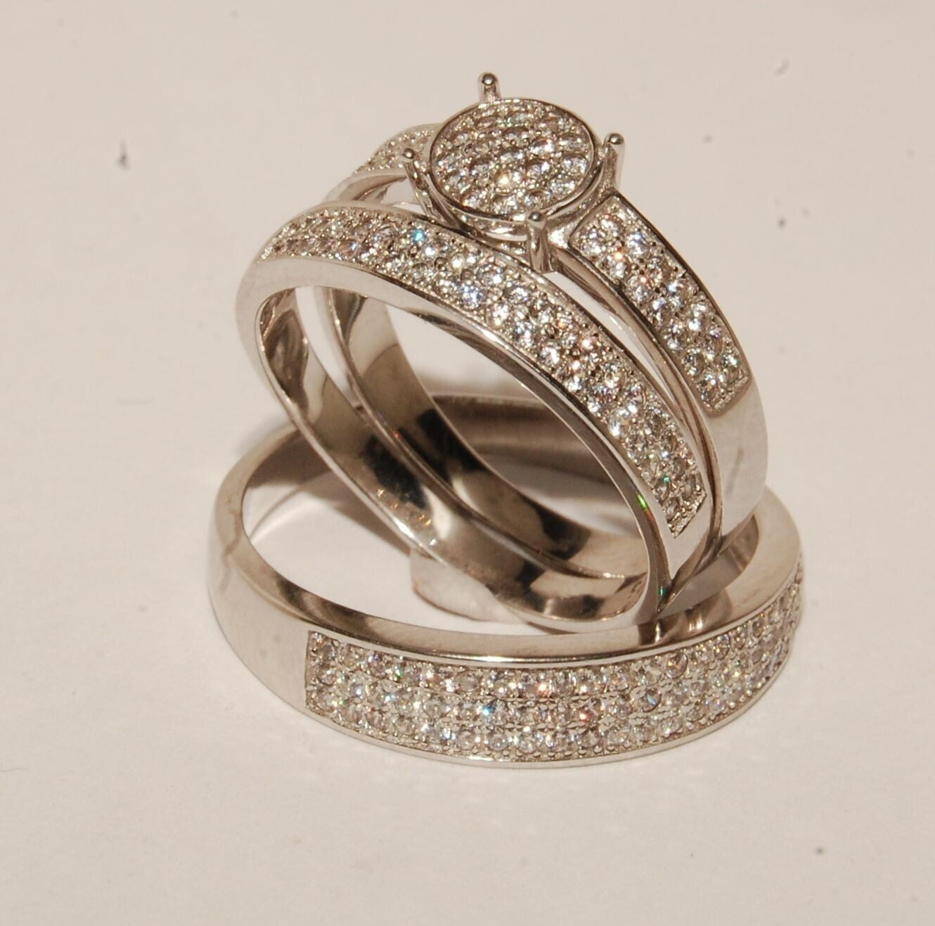 Bluebell Jewels Round Cut CZ 14K White Gold Finish Silver Trio Band ...