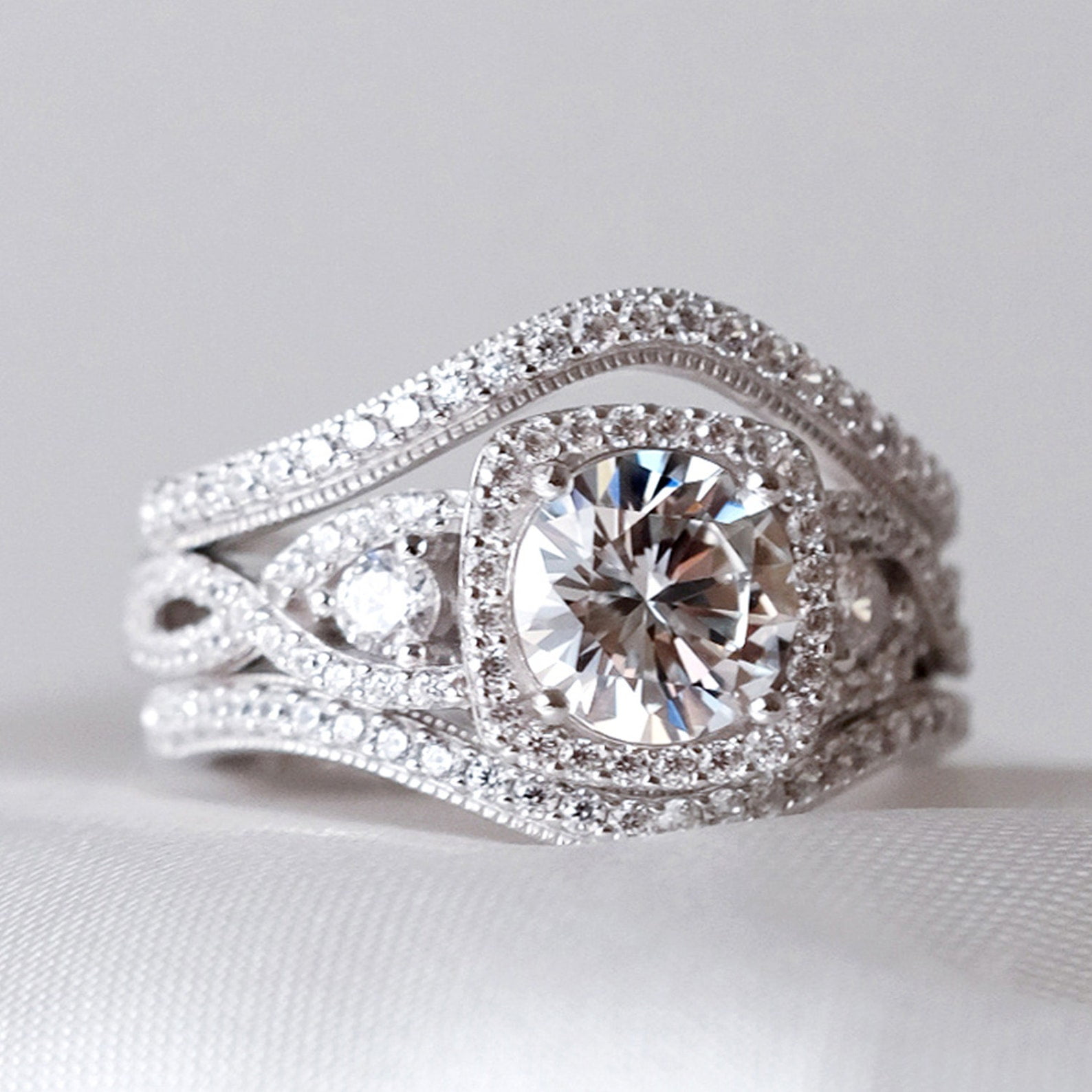 Bluebell Jewels Round Cut CZ Three Piece Ring Set 14K White Gold Finish ...