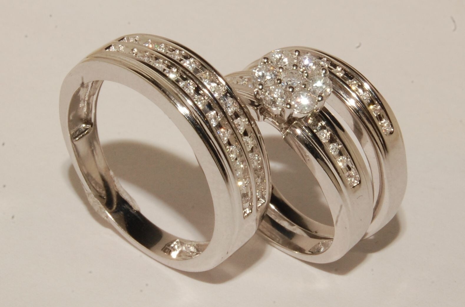 Bluebell Jewels Silver Finish Cluster CZ Wedding Trio Ring Set His ...
