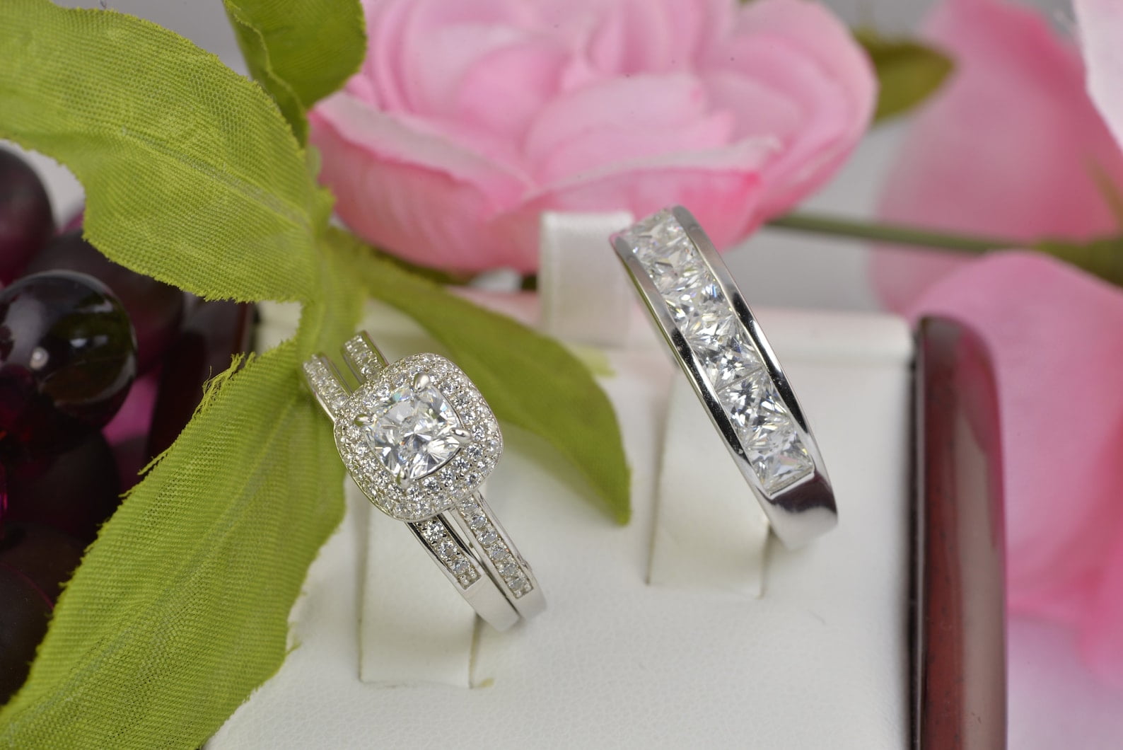 Bluebell Jewels Women's Cushion Halo Engagement Ring and Men's Channel ...