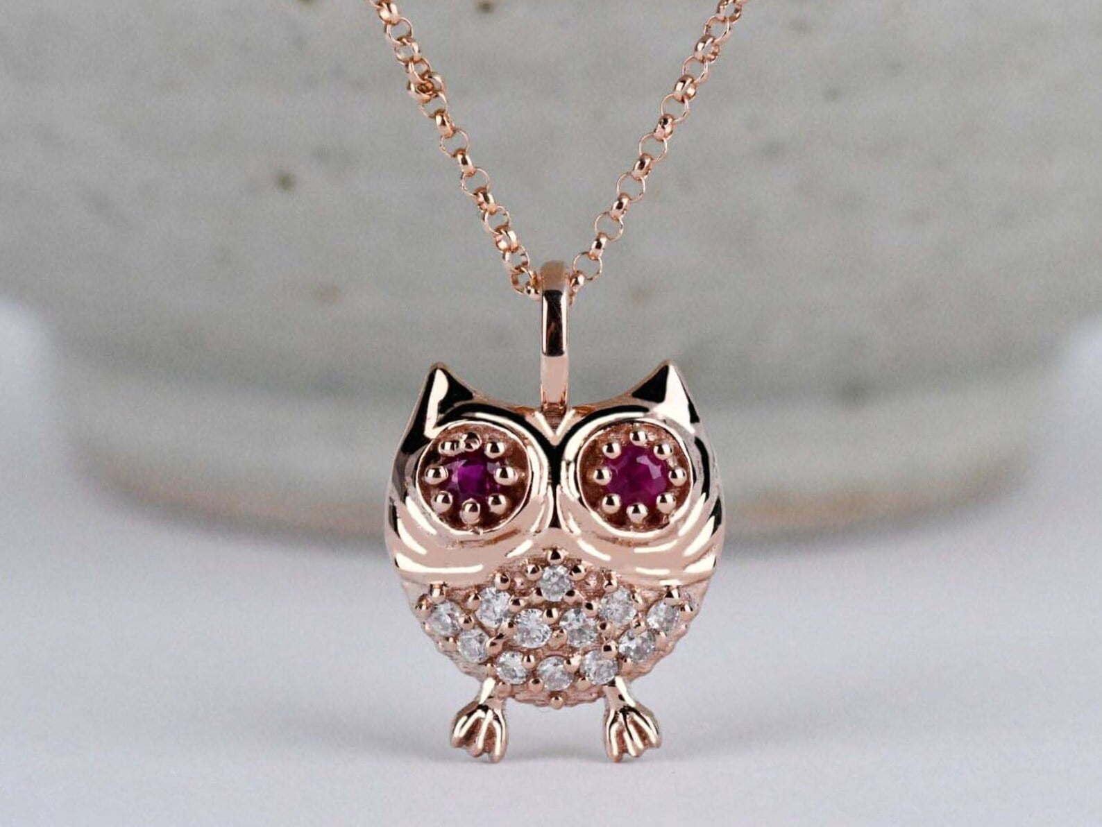 Bluebelljewels 14K Rose Gold Finish Round Cut Lab Created Ruby Owl ...