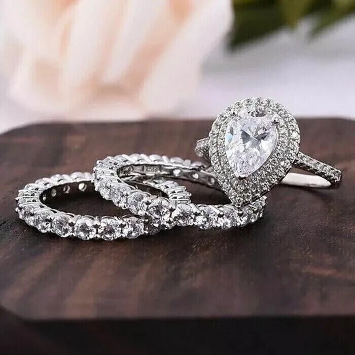 Bluebelljewels 4Ct Pear Cubic Zirconia 14K White Gold Finish Double Halo Wedding Trio Set ...