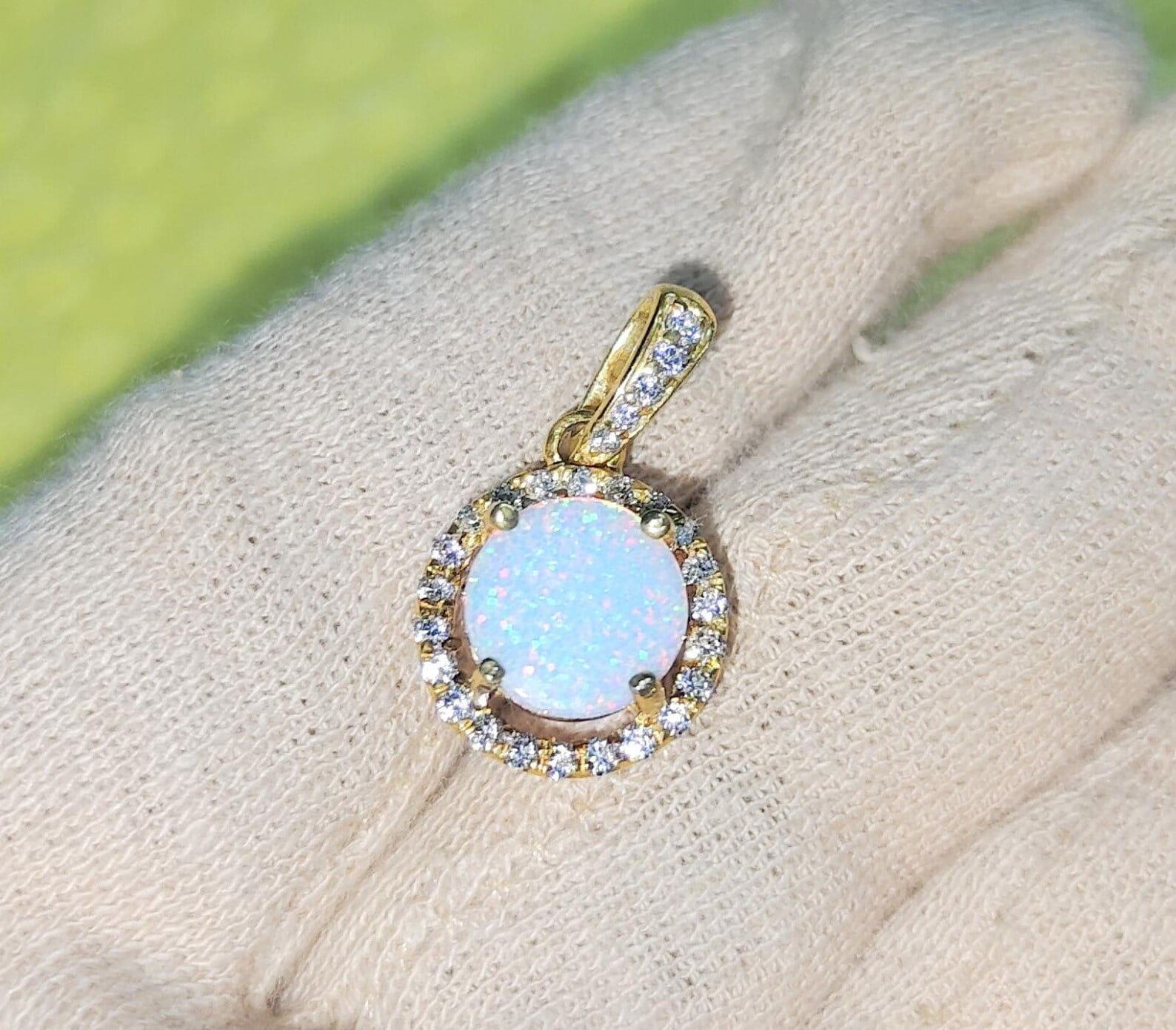 Bluebelljewels Round Cut Lab Created Fire Opal Halo Pendant 14K Yellow ...