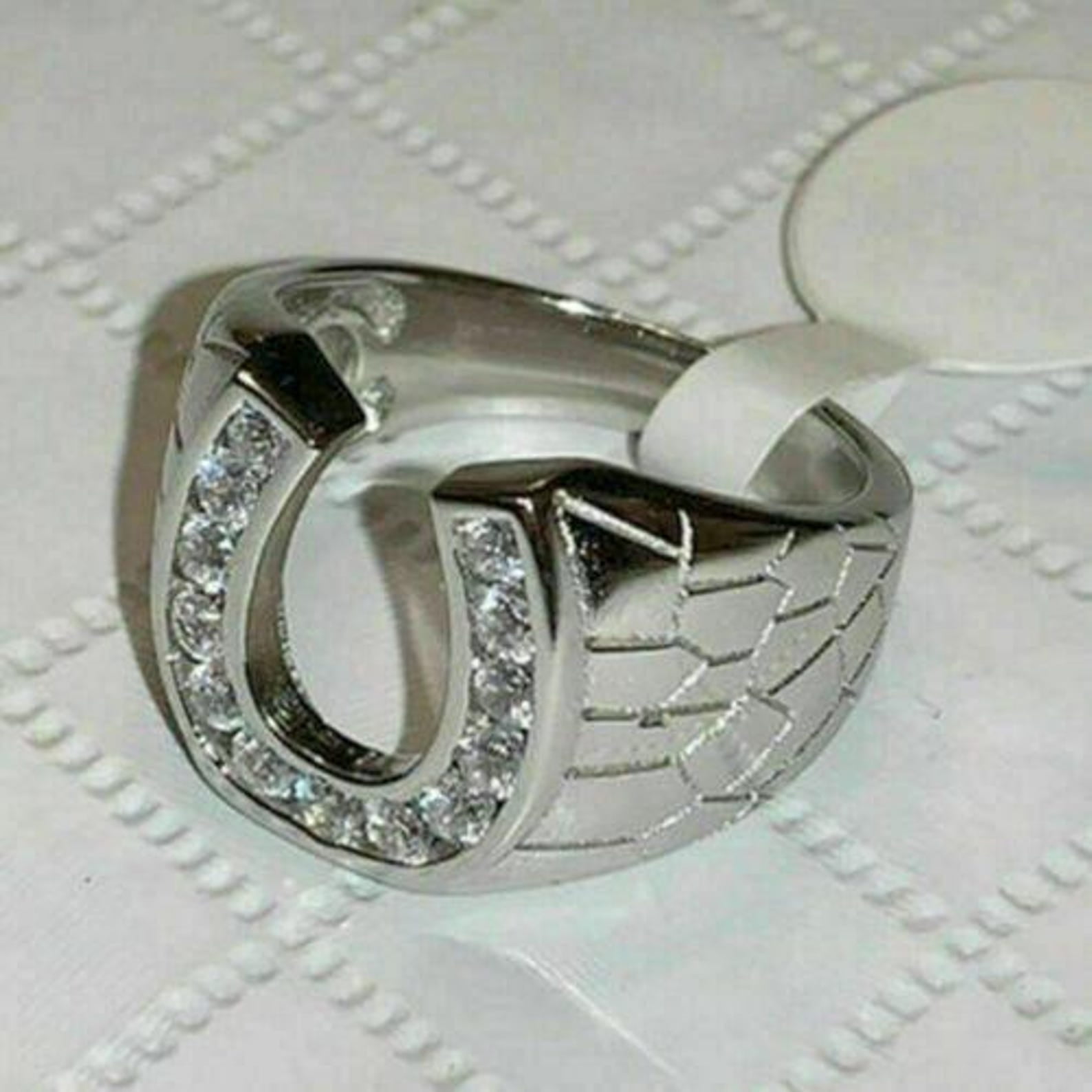 Bluebelljewels Mens Horse Shoe Ring 14K White Gold Finish Silver Round ...