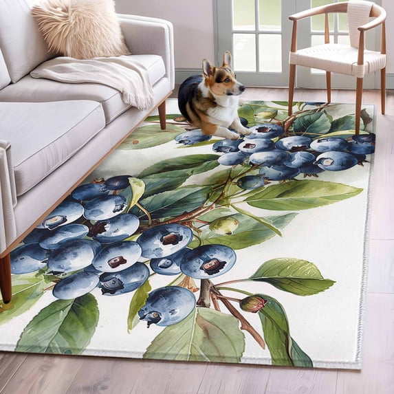 Blueberries 3'x5' Washable Rug, Farmhouse Blue Fruits Green Botanical ...