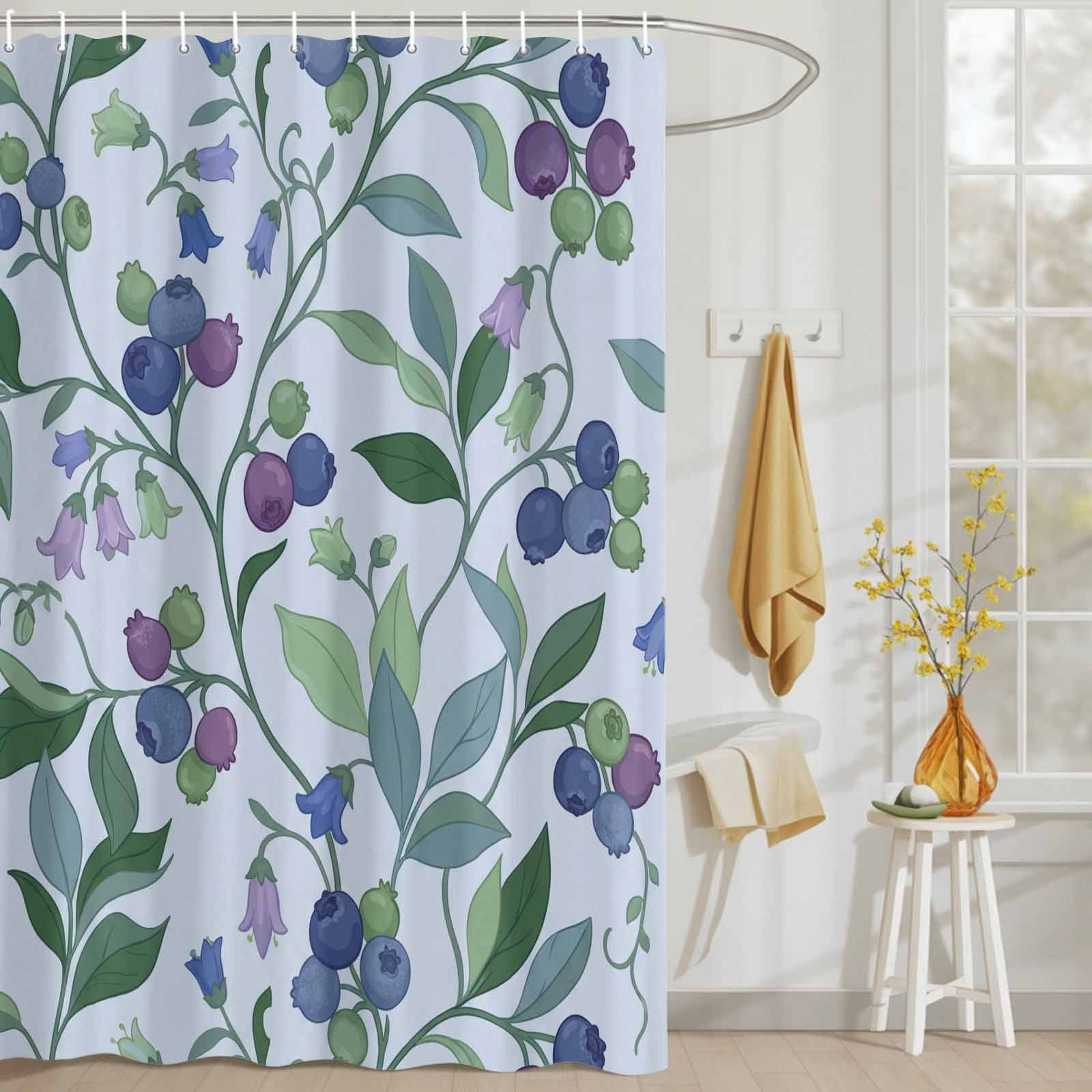Blueberries Bell Flowers Shower Curtain Set, Waterproof Shower Curtains ...