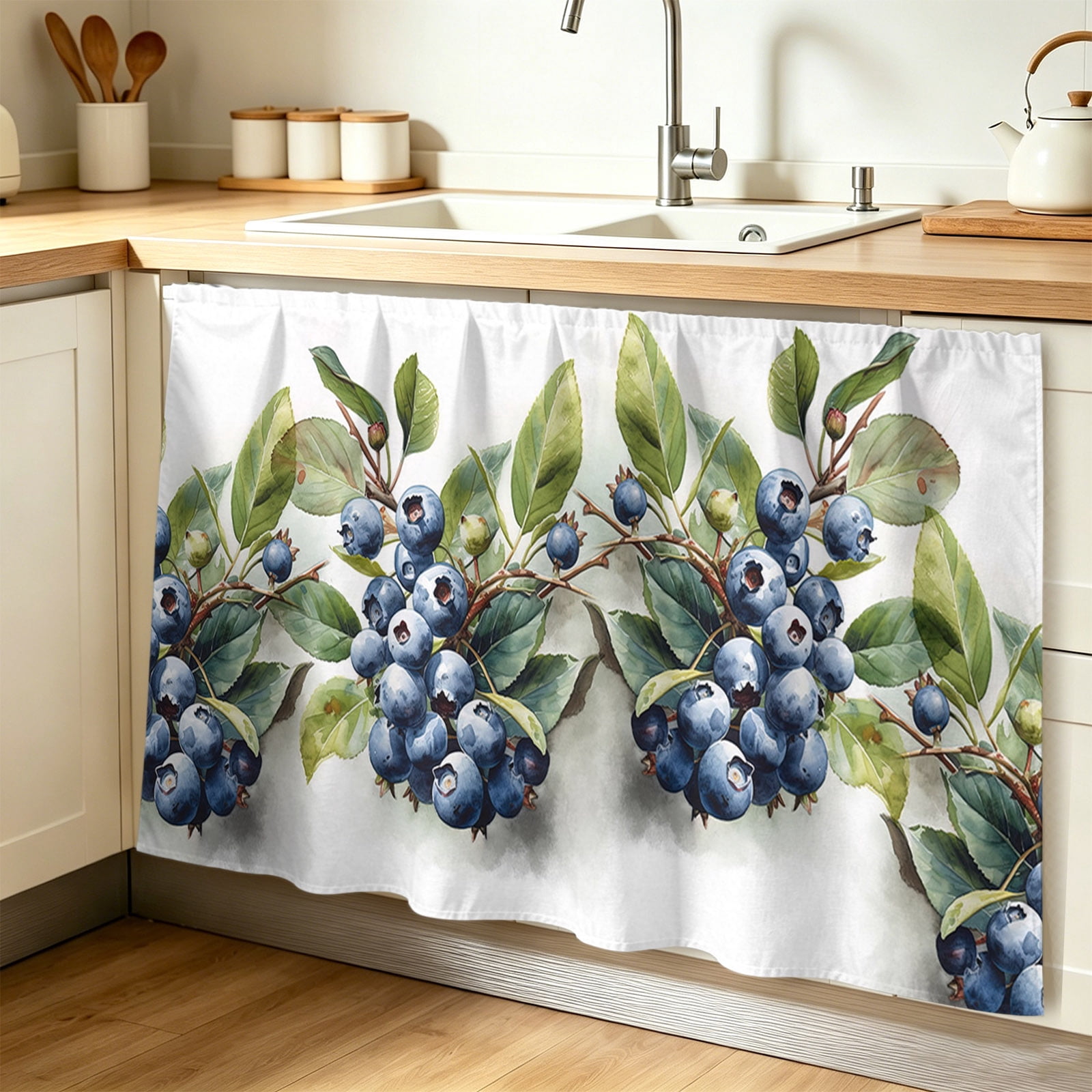 Blueberries Cabinet Curtains for Shelves, Farmhouse Blue Fruits Green ...