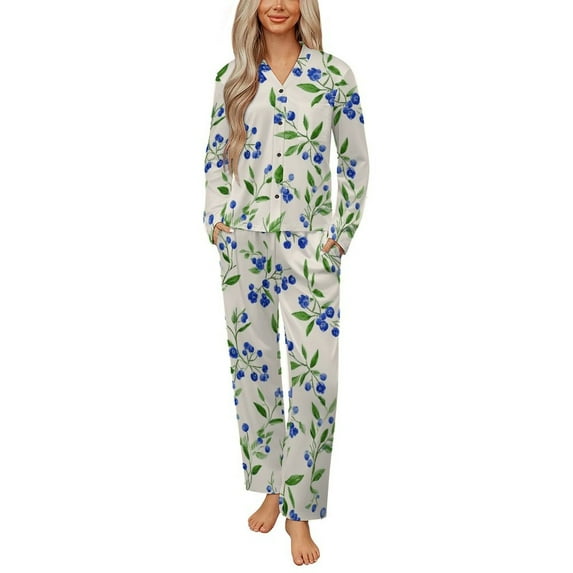 Blueberries Cream Background Floral Print Womens Pyjamas Set Button Up ...