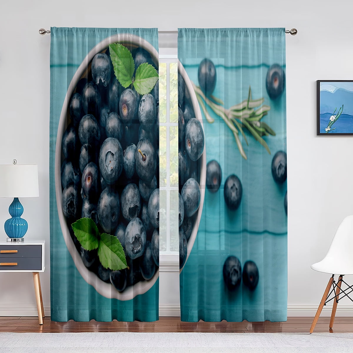 Blueberries Fruit Green Leaf Tulle Curtains for Living Room Bedroom ...