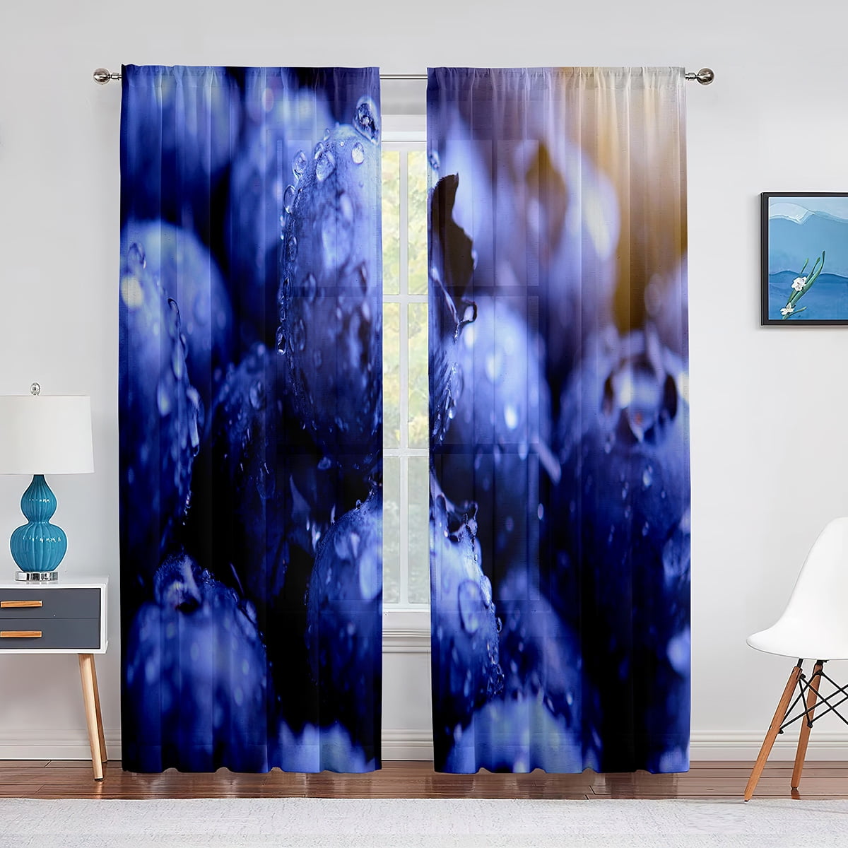 Blueberries Fruit Green Leaf Tulle Curtains for Living Room Bedroom ...