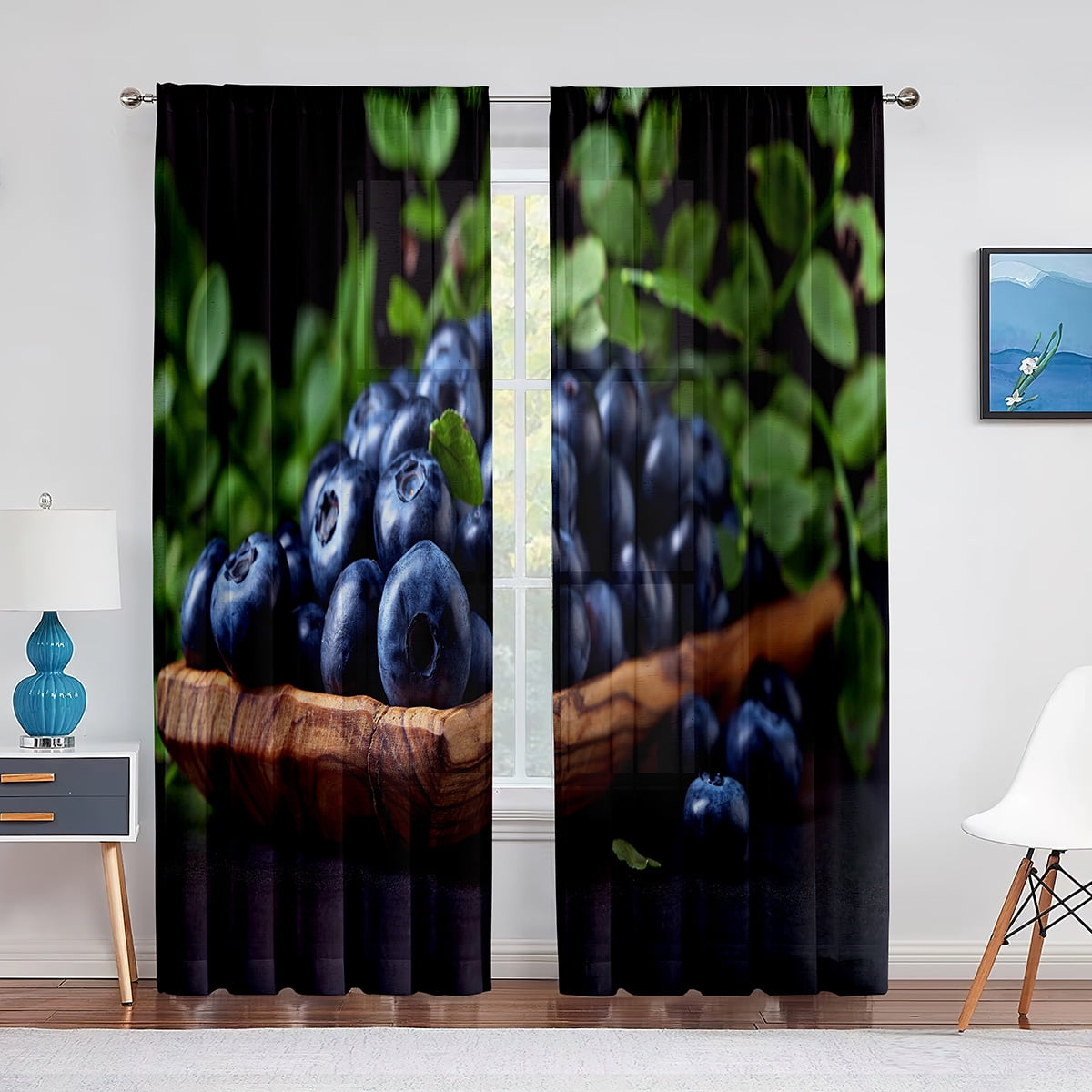 Blueberries Fruit Green Leaf Tulle Curtains for Living Room Bedroom ...