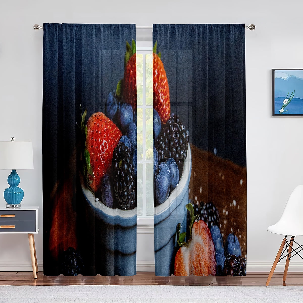 Blueberries Fruit Green Leaf Tulle Curtains for Living Room Bedroom ...