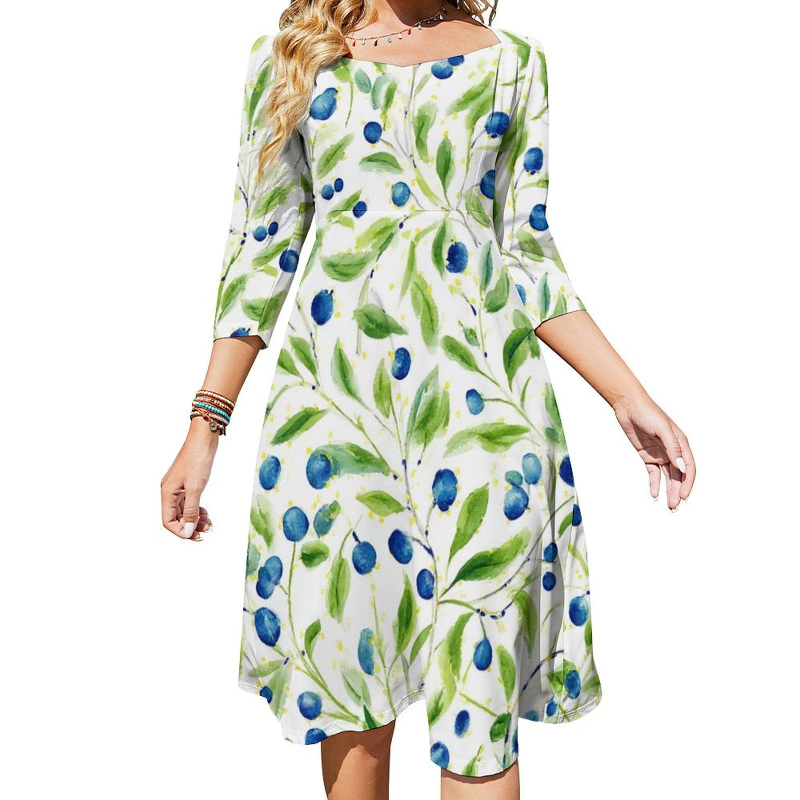 Blueberries Leaves Watercolor Pattern Design Sweetheart Knot Flared ...